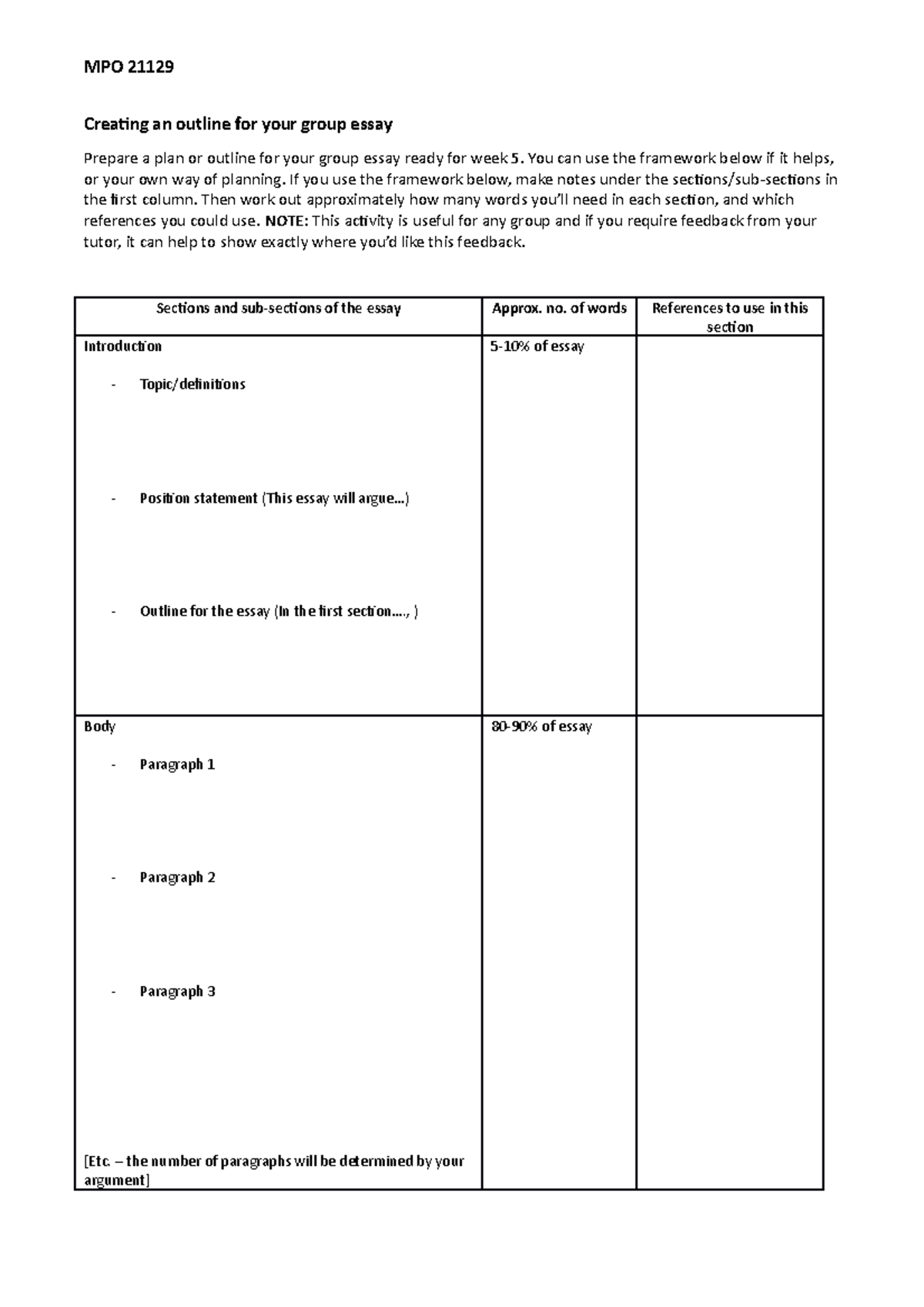 Group essay outline - MPO 21129 Creating an outline for your group ...