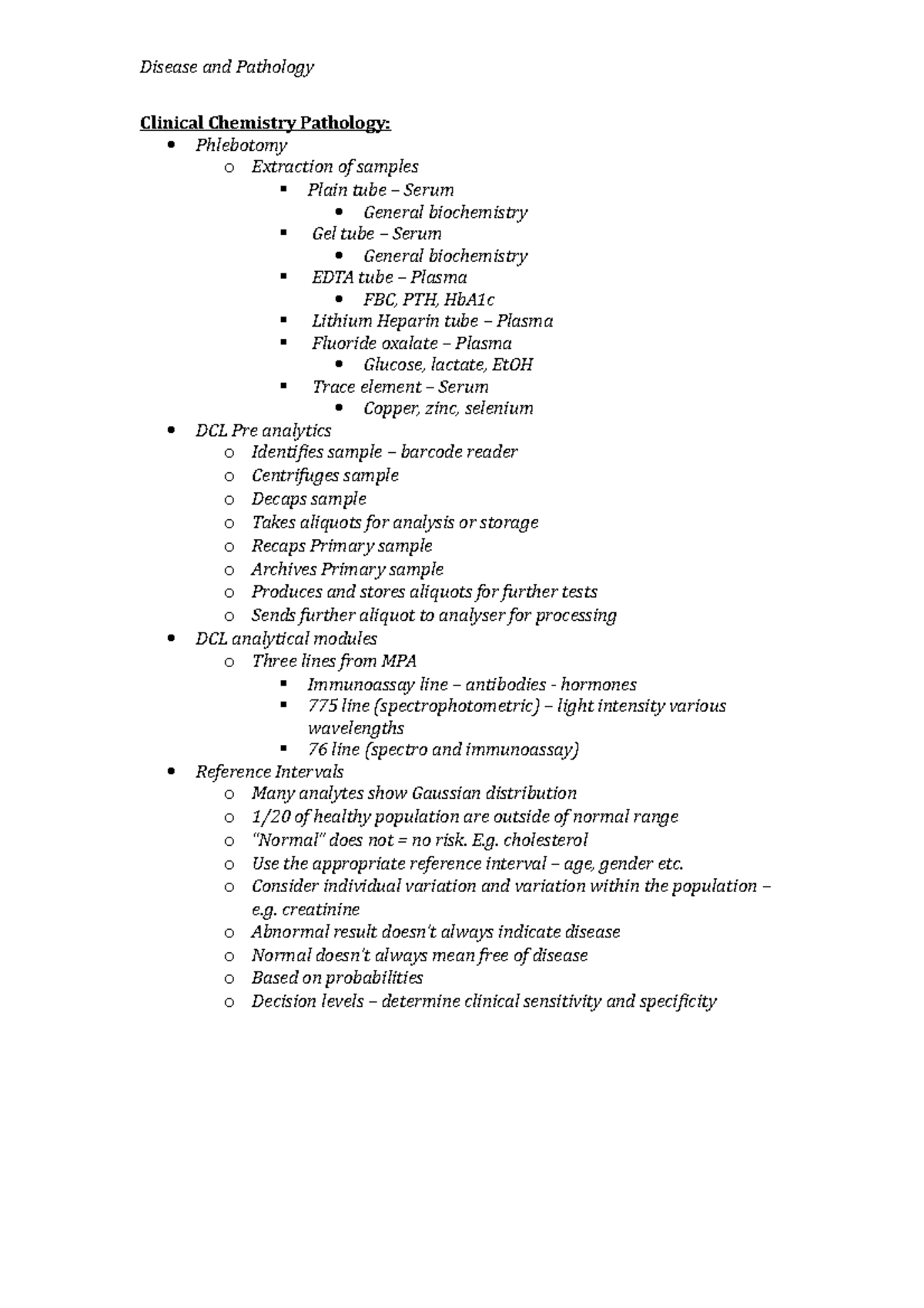 Clinical Chemistry Pathology Lecture Notes - Disease and Pathology ...