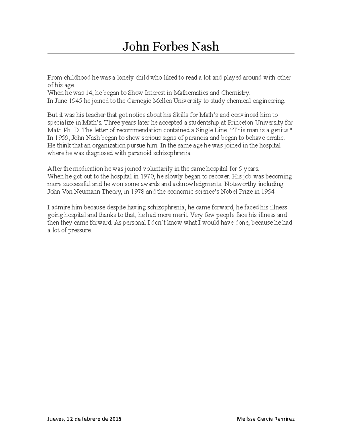 John Forbes Nash - When he was 14, he began to Show Interest in ...