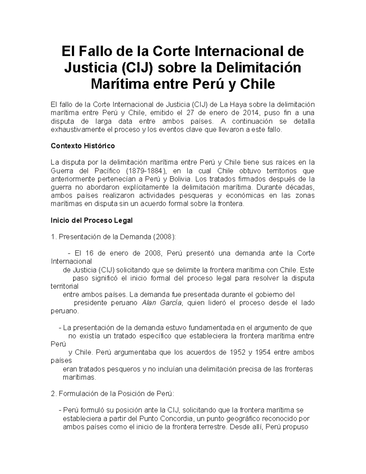 El Fallo de la Corte Internacional de Justicia. - A continuación se ...