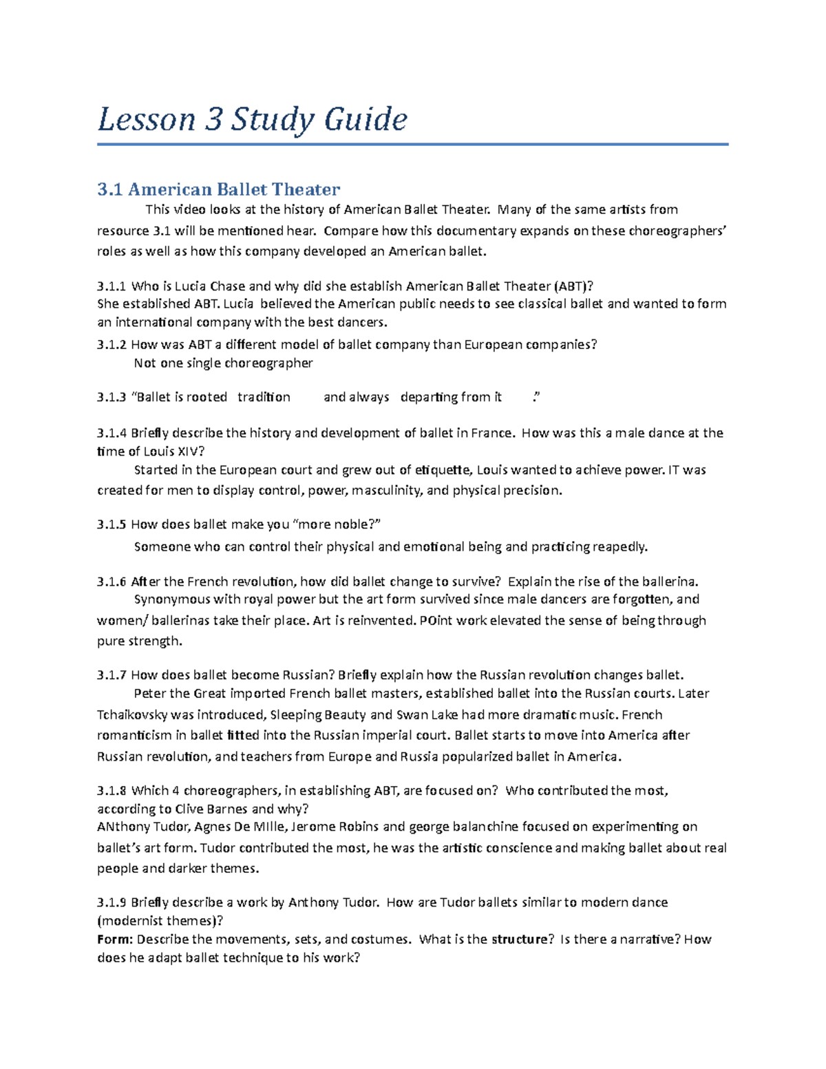 Lesson 3 DOC Study Guide - Lesson 3 Study Guide 3 American Ballet ...