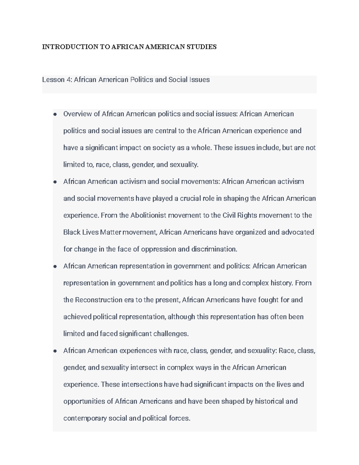 AFAM lecture notes - INTRODUCTION TO AFRICAN AMERICAN STUDIES Lesson 4 ...