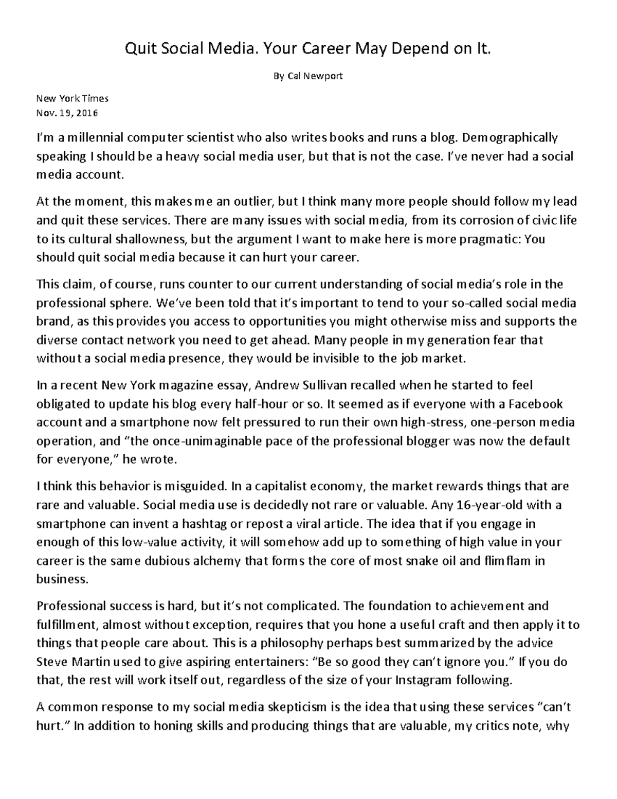 Quit Social Media - Your Career May Depend on It. By Cal Newport New ...