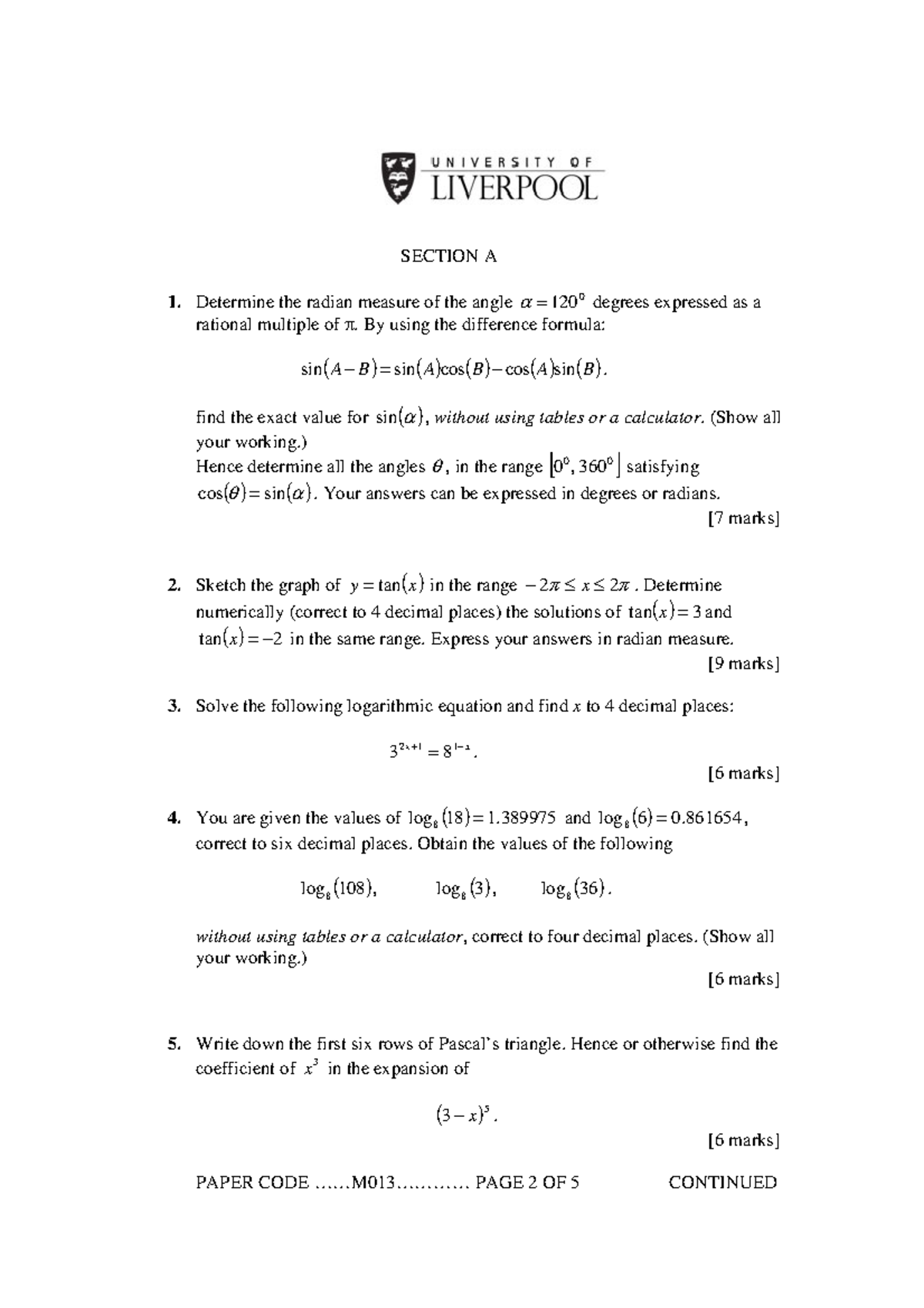 Exam January 2011, questions - SECTION A Determine the radian measure ...
