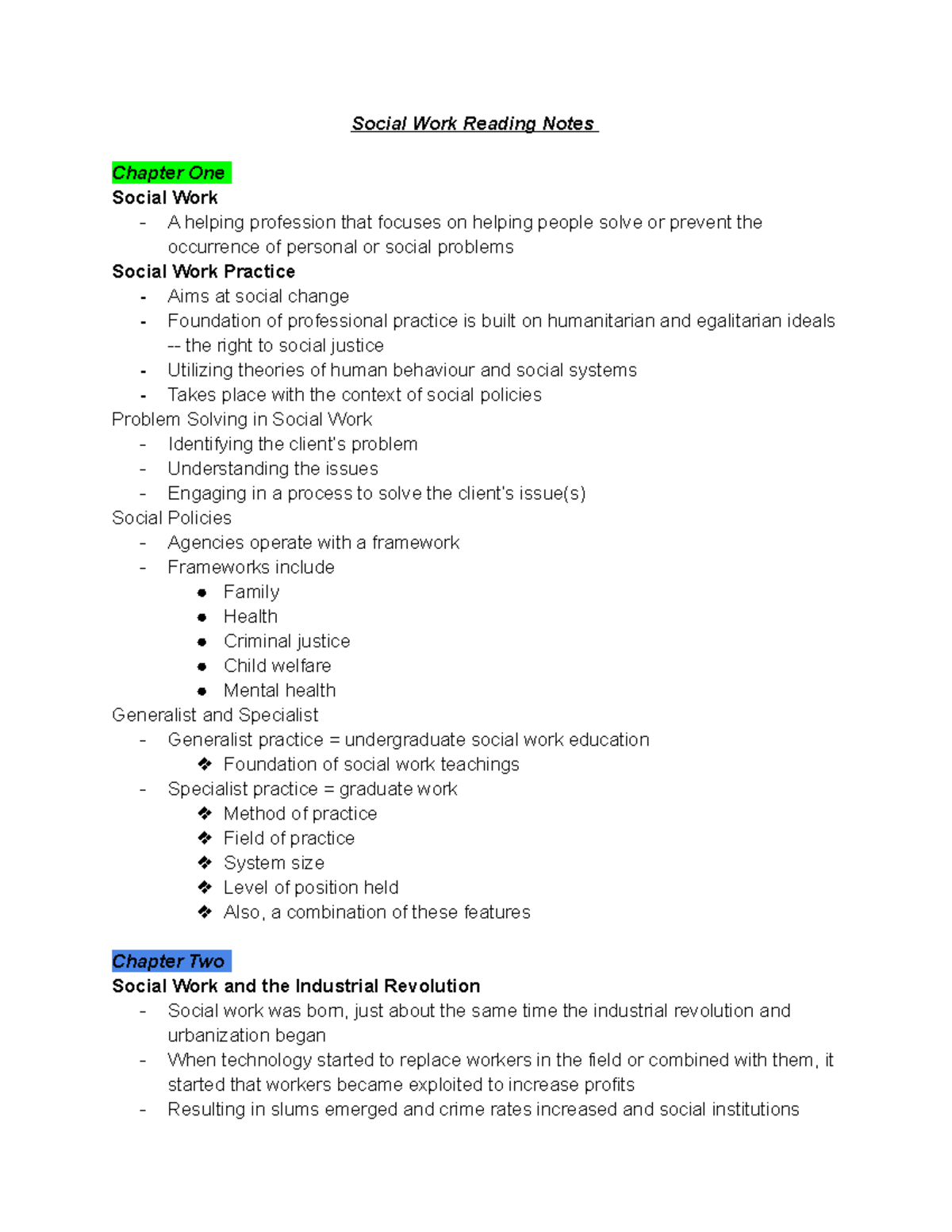 Social Work reading notes - Social Work Reading Notes Chapter One ...