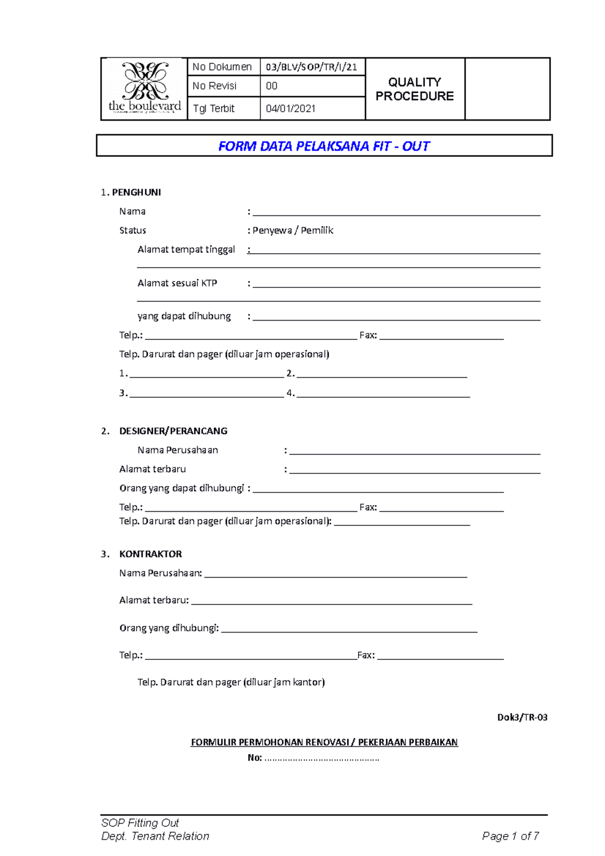FORM FIT OUT - Fit Out - QUALITY PROCEDURE No Revisi 00 Tgl Terbit 04 ...