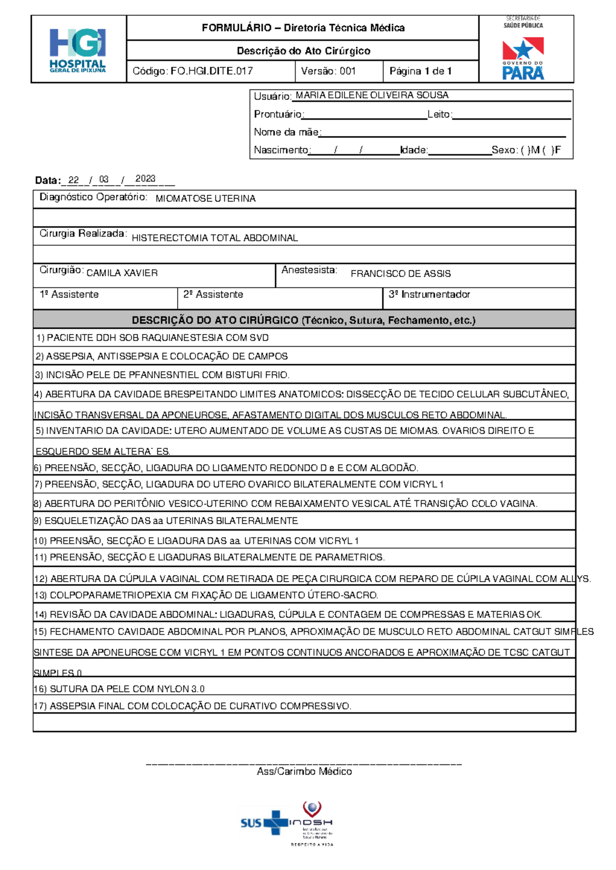 FO.HGI.DITE.017 - Ato Cirúrgico HTA - Cirurgia II - FORMULÁRIO ...