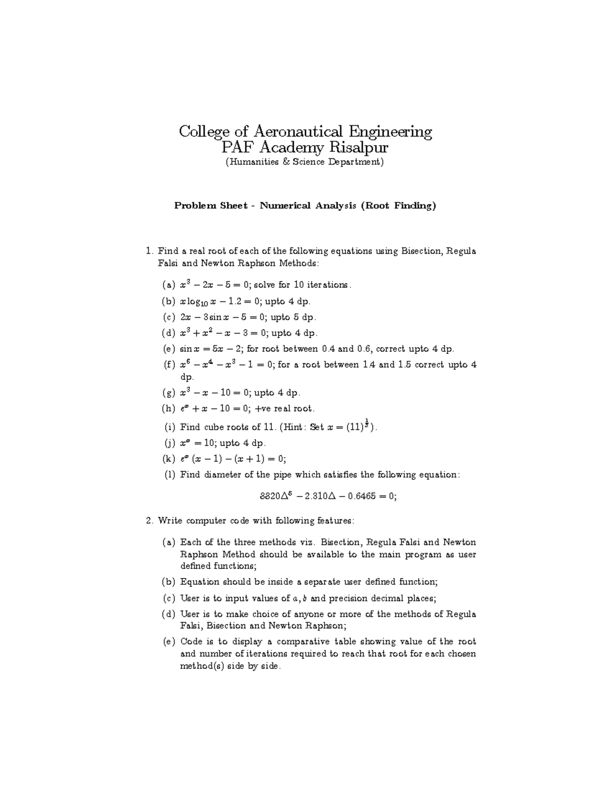 Problem Sheet 1 - Numerical Analaysis - Root Finding - College of ...