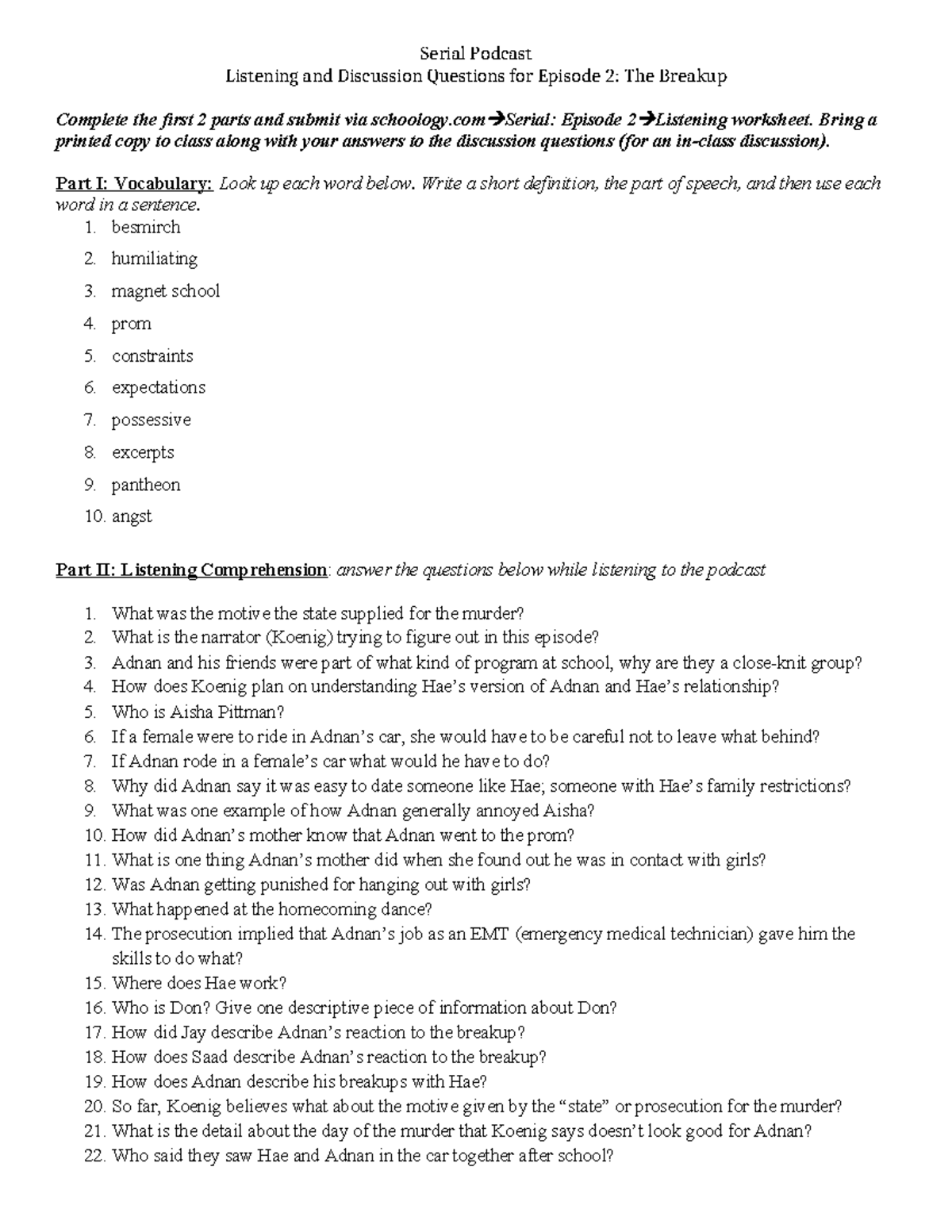 Episode 2 listening worksheet - Serial Podcast Listening and Discussion ...