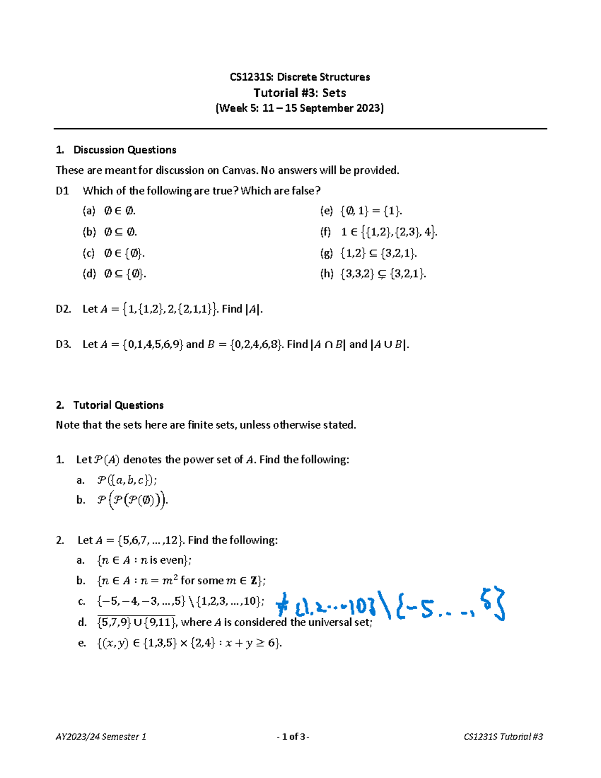 Tut03qns - cs1231s - AY202 3 /2 4 Semester 1 - 1 of 3 - CS1231S Tutorial # 3 CS1231S: Discrete ...