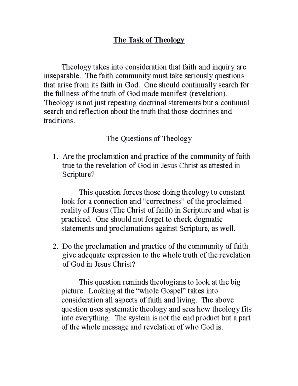 Chapter 1 The Task of Theology - The Task of Theology Theology takes ...