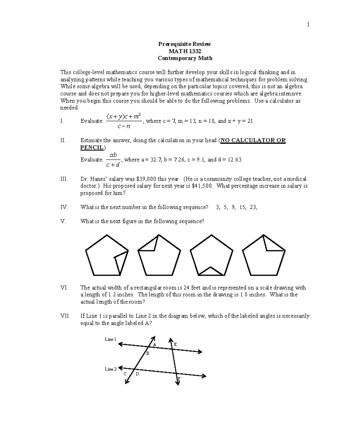 MATH 1332 Prerequisite Review - 1 Prerequisite Review MATH 1332 Contemporary Math This college ...