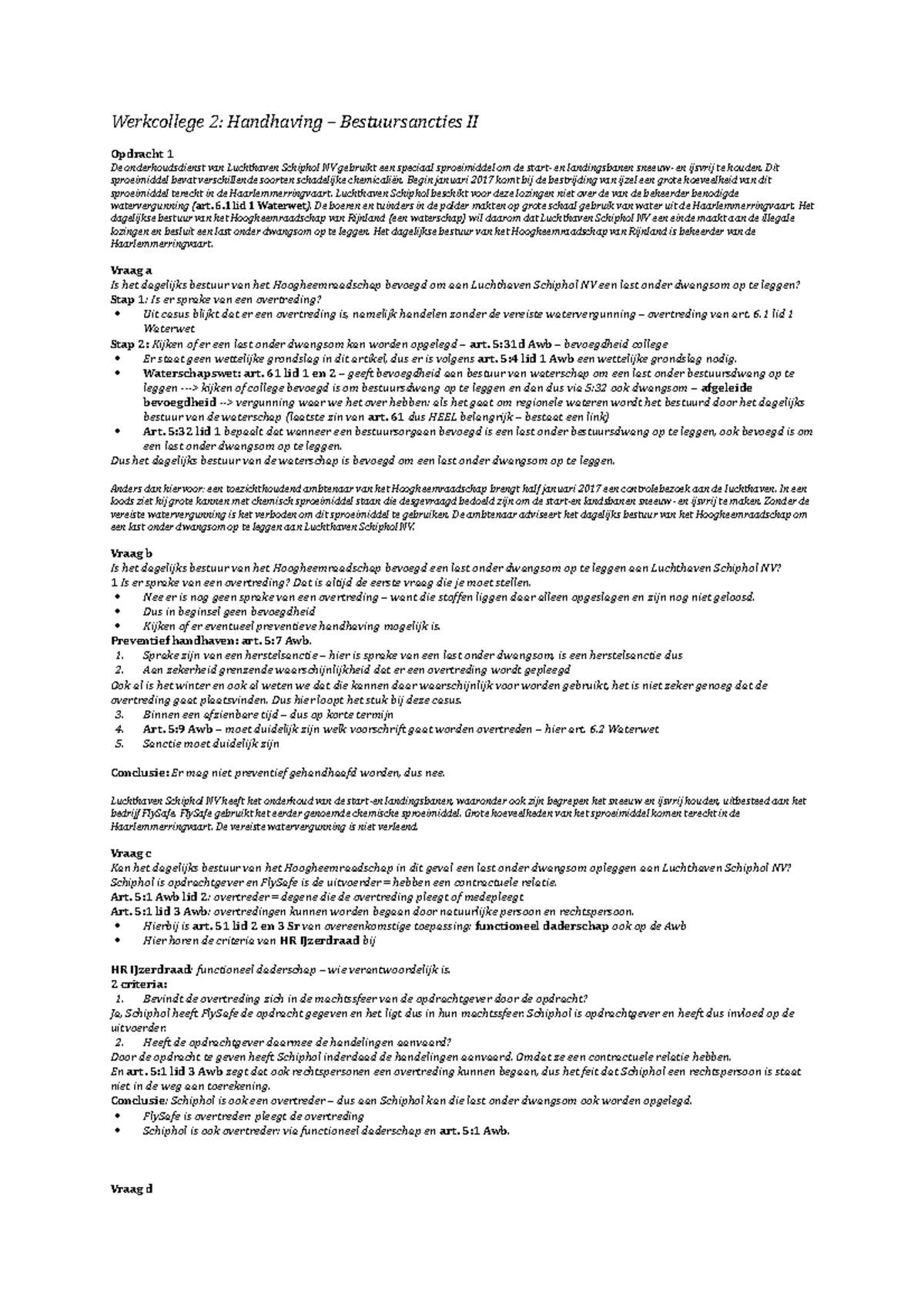 Werkcollege 2 Bestuurs(proces)recht II - Werkcollege 2: Handhaving – Bestuursancties II Opdracht ...