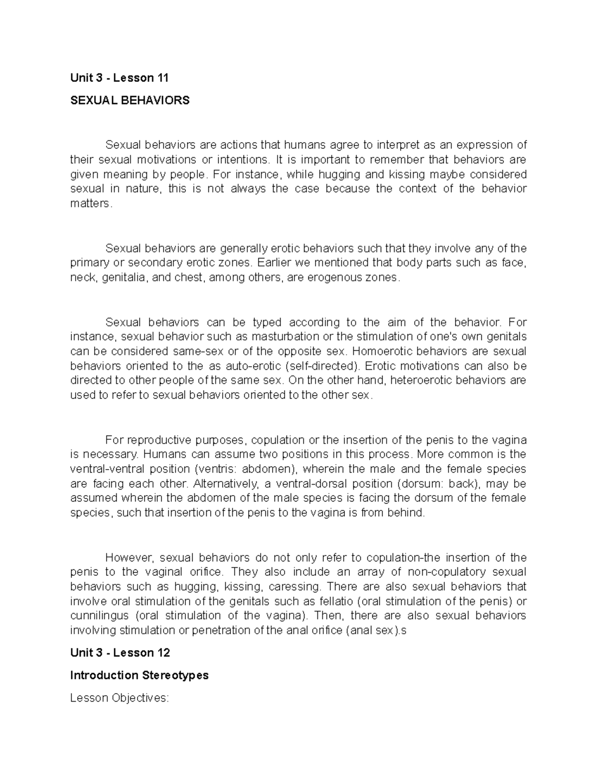 Sexual Behaviors and Introduction Stereotypes - Unit 3 - Lesson 11 ...