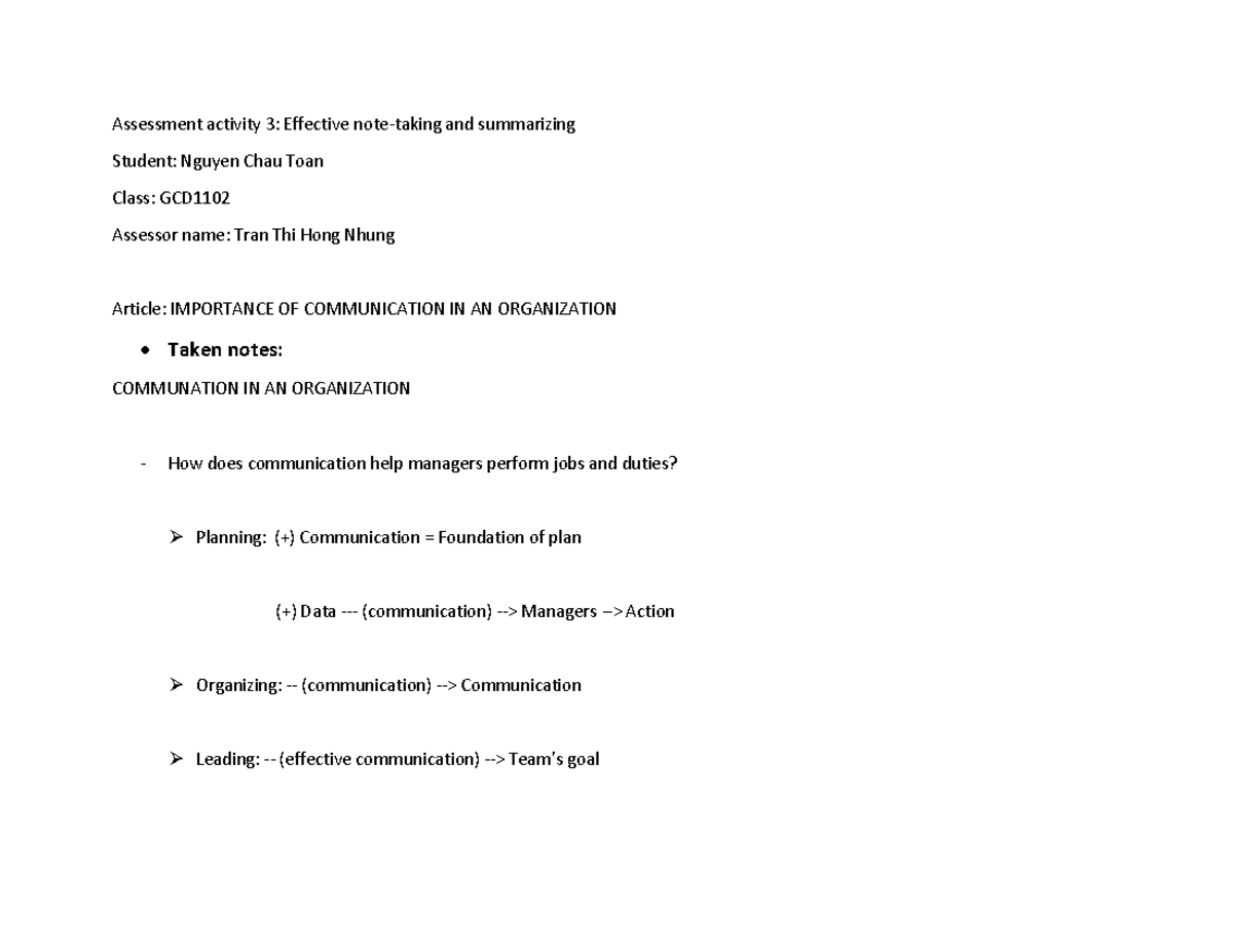 Assessment activity 3 Effective note-taking and summarizing ...