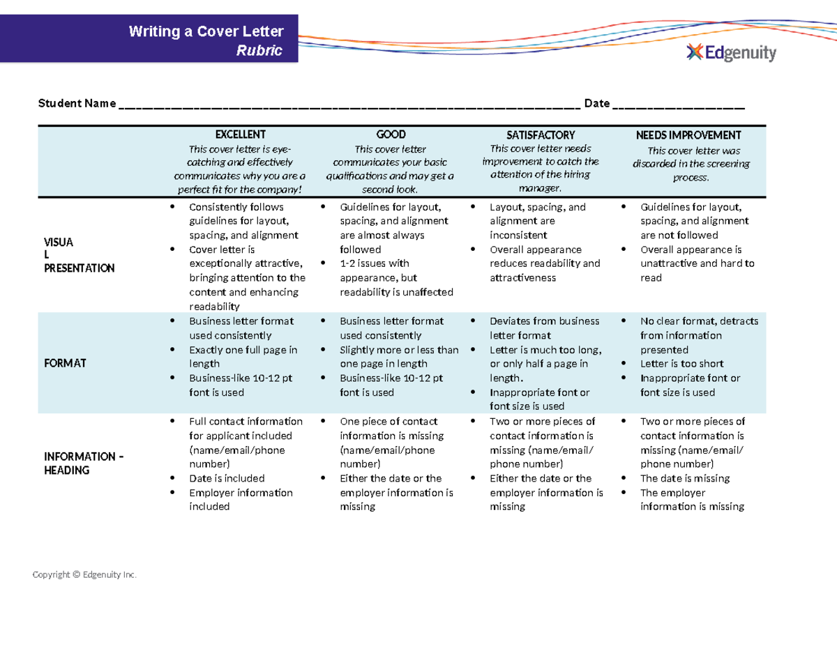 Project Portfolio Activity Writing a Cover Letter Rubric - Writing a Cover Letter Rubric Student ...