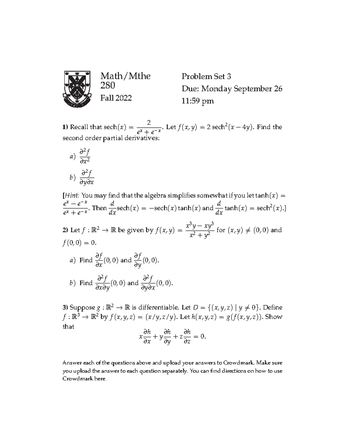 Problem Set 3 Questions, Solutions - Math/Mthe 280 Fall 2022 Problem ...