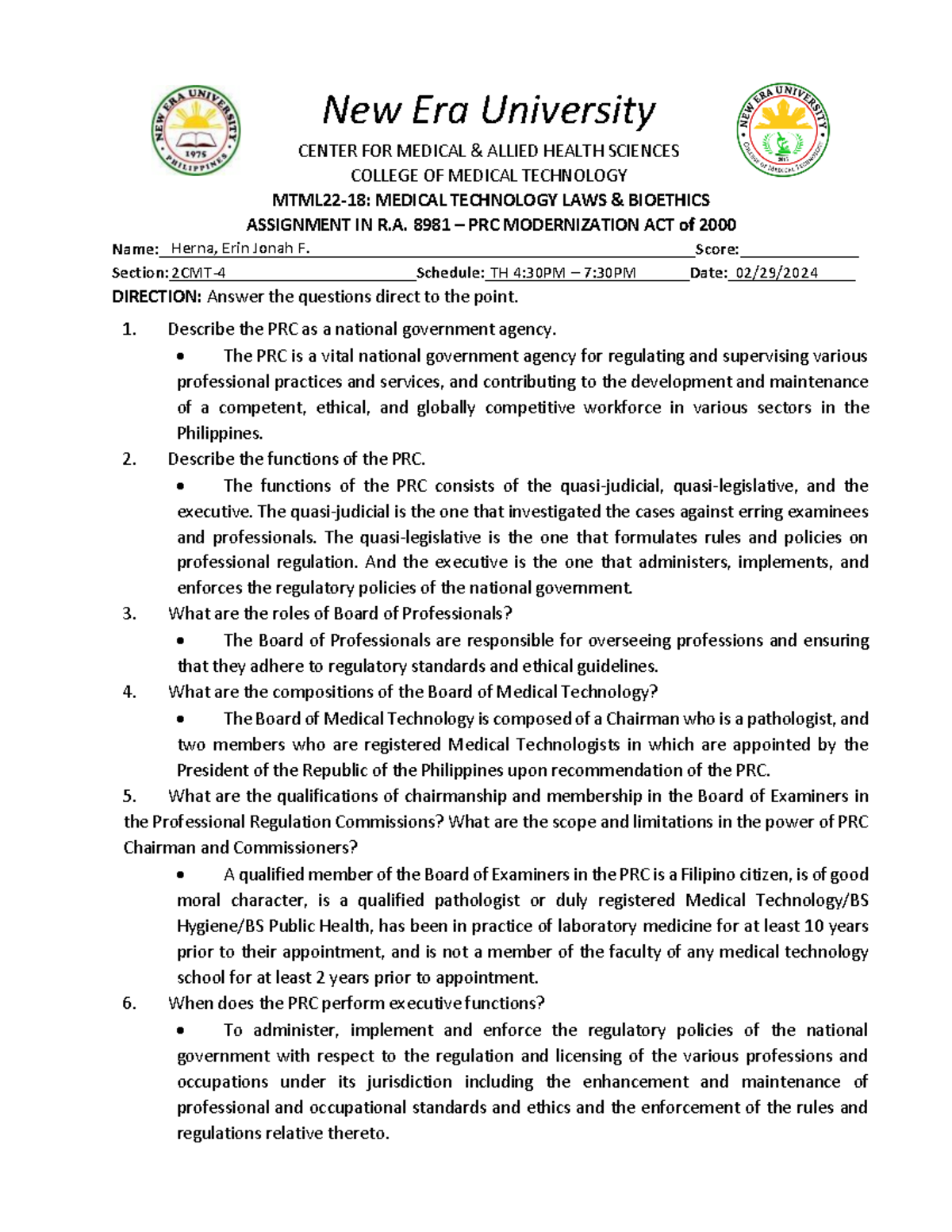 Assignment in R.A. 8981 PRC Modernization Act of 2000 - New Era ...