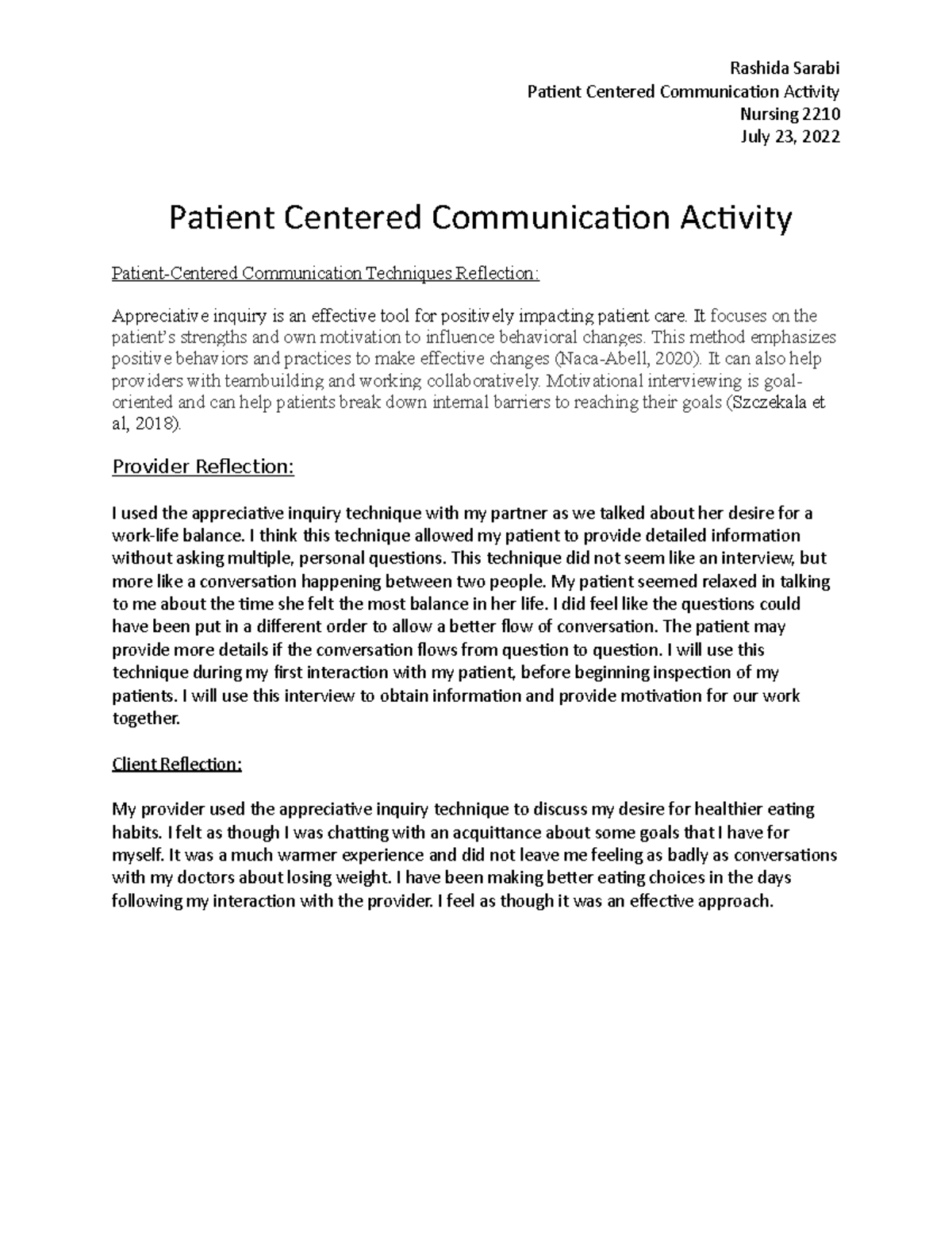 Patient Centered Communication Activity - Rashida Sarabi Patient ...