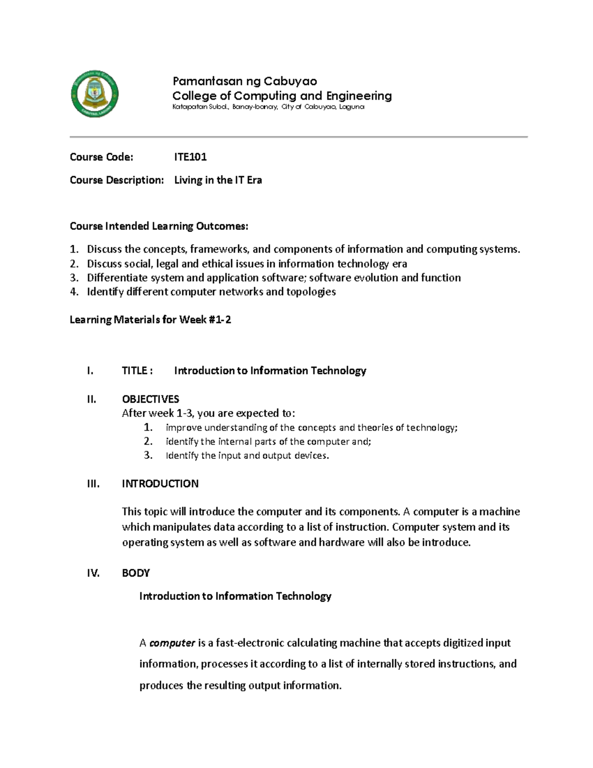 Ite101 Living In The It Era Week 1 2 Course Code Ite Course Description Living In The It Era