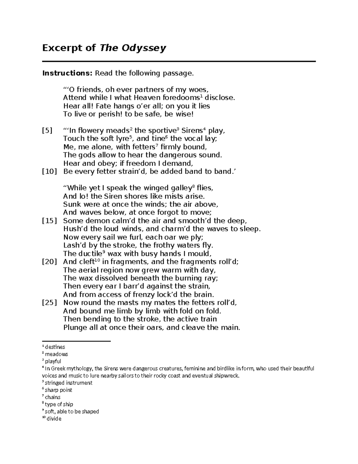 Excerpt from the Odyssey - Excerpt of The Odyssey Instructions: Read ...