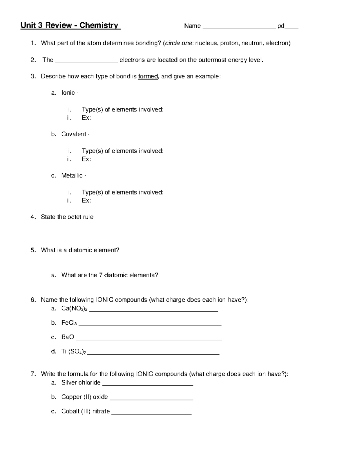 Unit 3 Review - Chemistry 2024 - Unit 3 Review - Chemistry Name ...