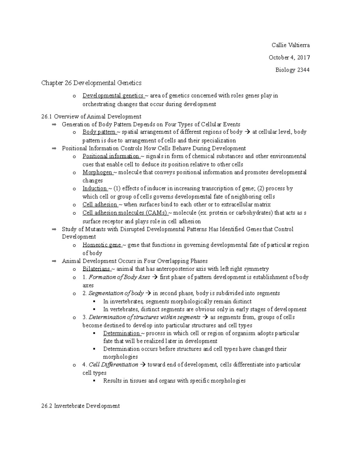 Chapter 26 - Developmental Genetics - Callie Valtierra October 4, 2017 ...