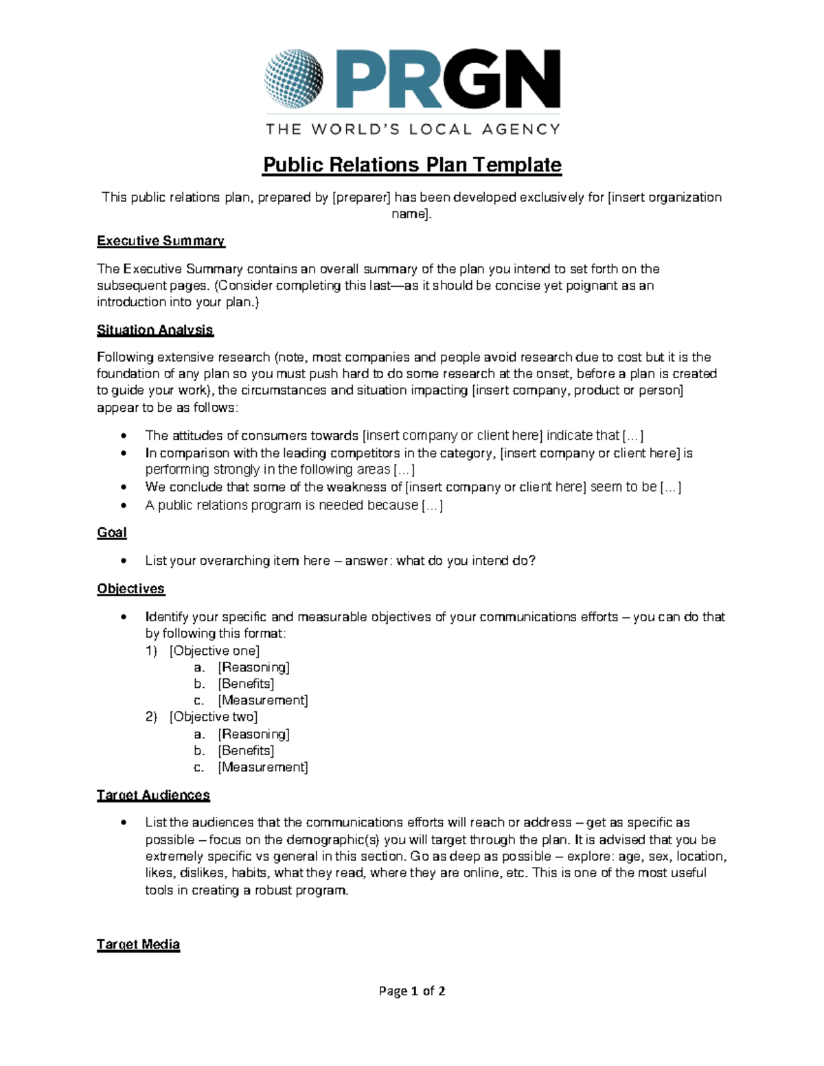 PRGN PR Plan Template - Page 1 of 2 Public Relations Plan Template This public relations plan ...