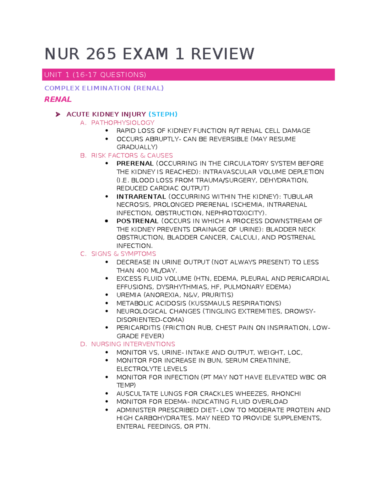 NUR 265 EXAM 1 Review copy copy - NUR 265 EXAM 1 REVIEW UNIT 1 (16-17 ...