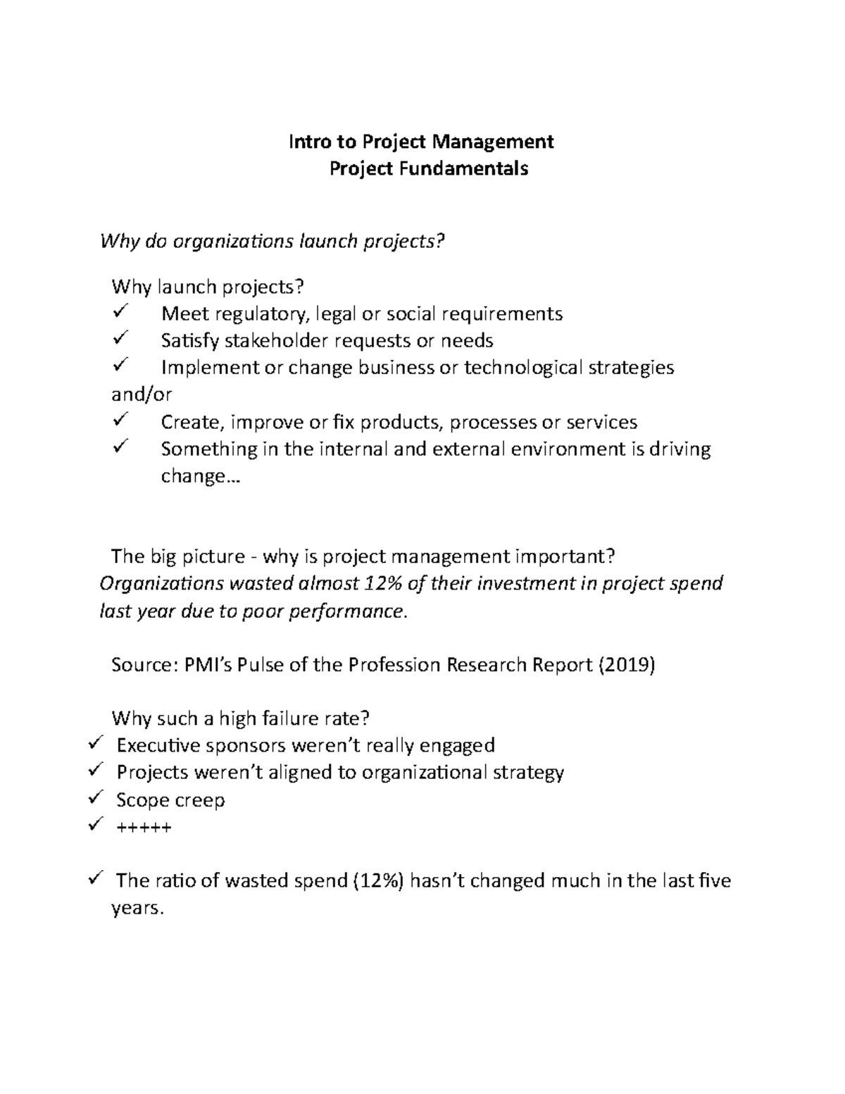 PM Chapter 1 - Lecture notes 1 - Intro to Project Management Project ...