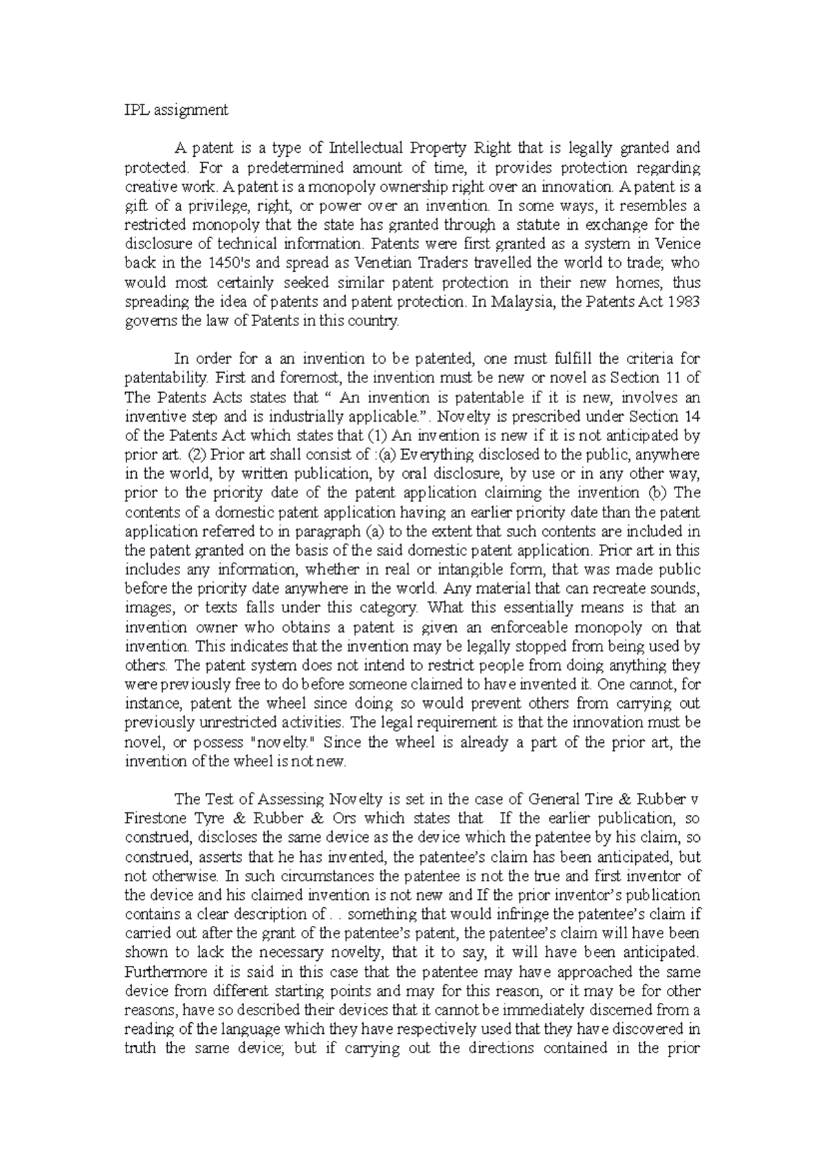 IPL assignment - Patents - IPL assignment A patent is a type of ...