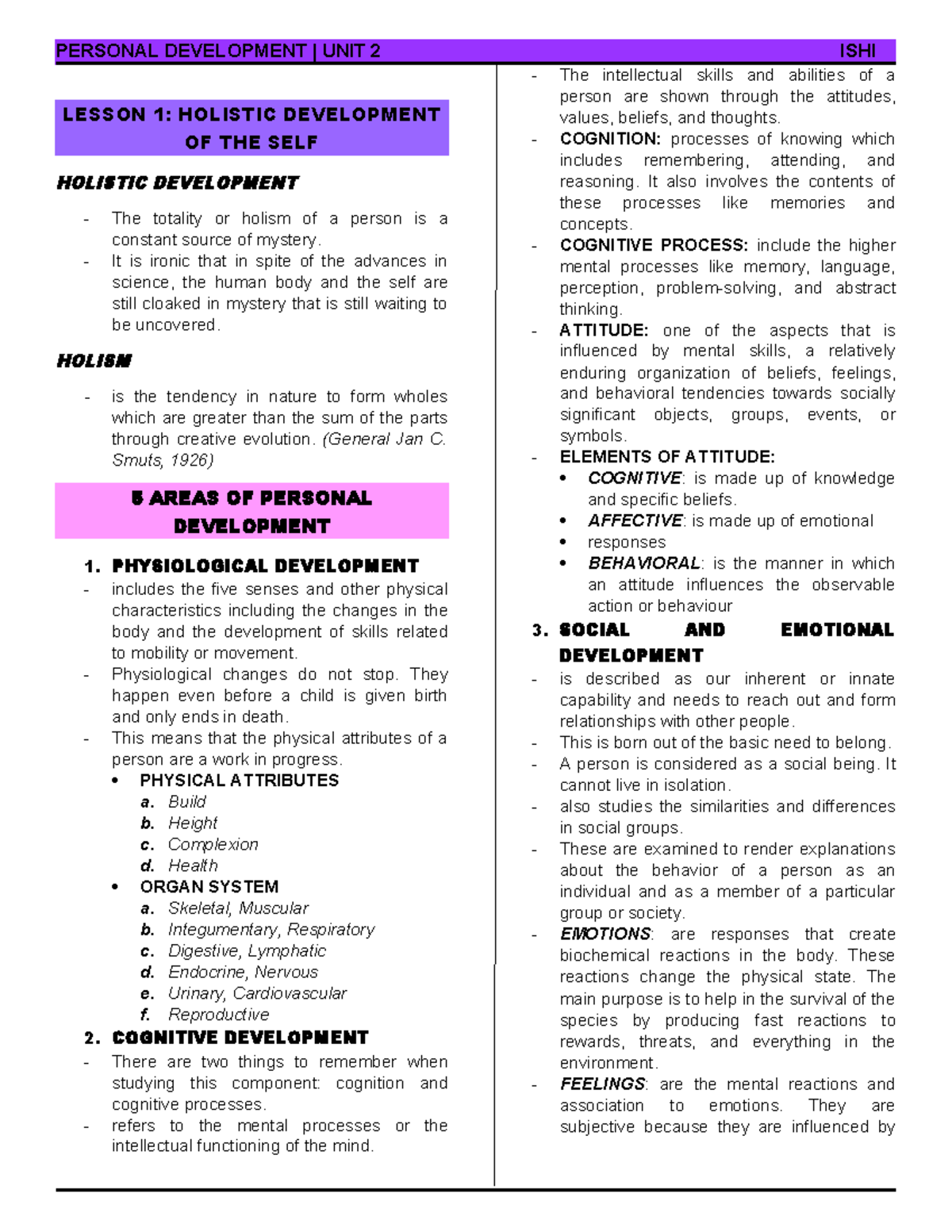 Perdev UNIT 2 - Unit 2 discussion of Understanding the Self - PERSONAL ...