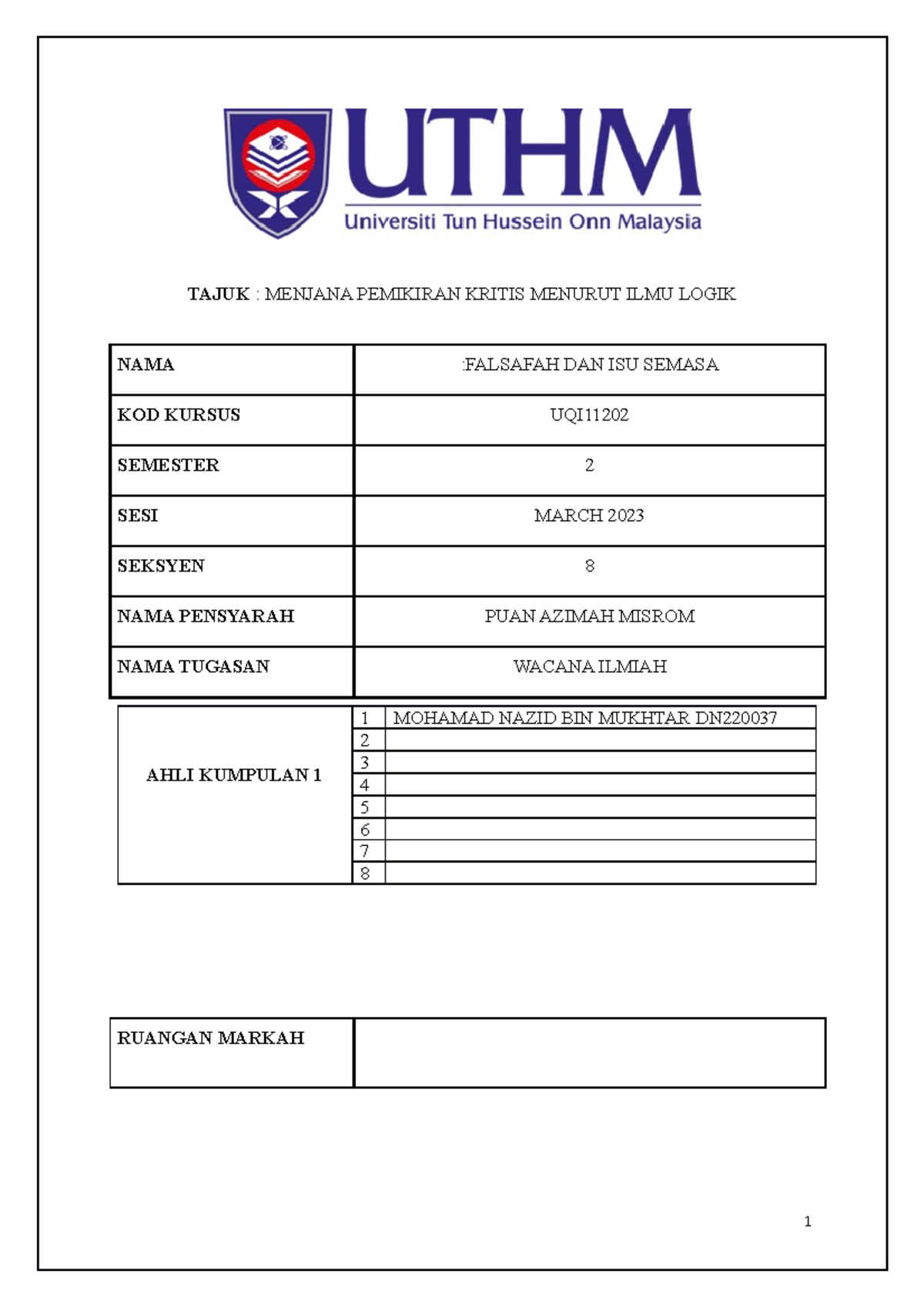 Wacana falsafah - TAJUK : MENJANA PEMIKIRAN KRITIS MENURUT ILMU LOGIK ...
