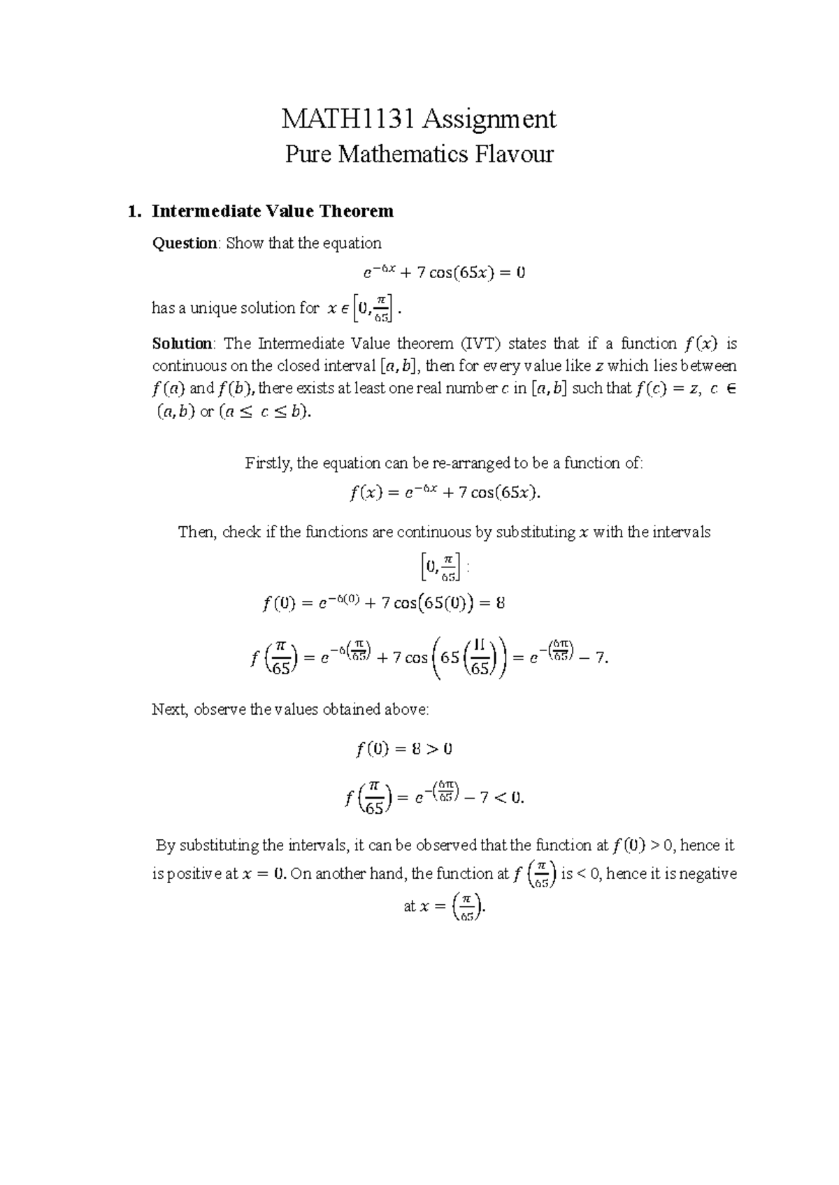MATH 1131 Assignment - MATH1131 Assignment Pure Mathematics Flavour 1. Intermediate Value ...