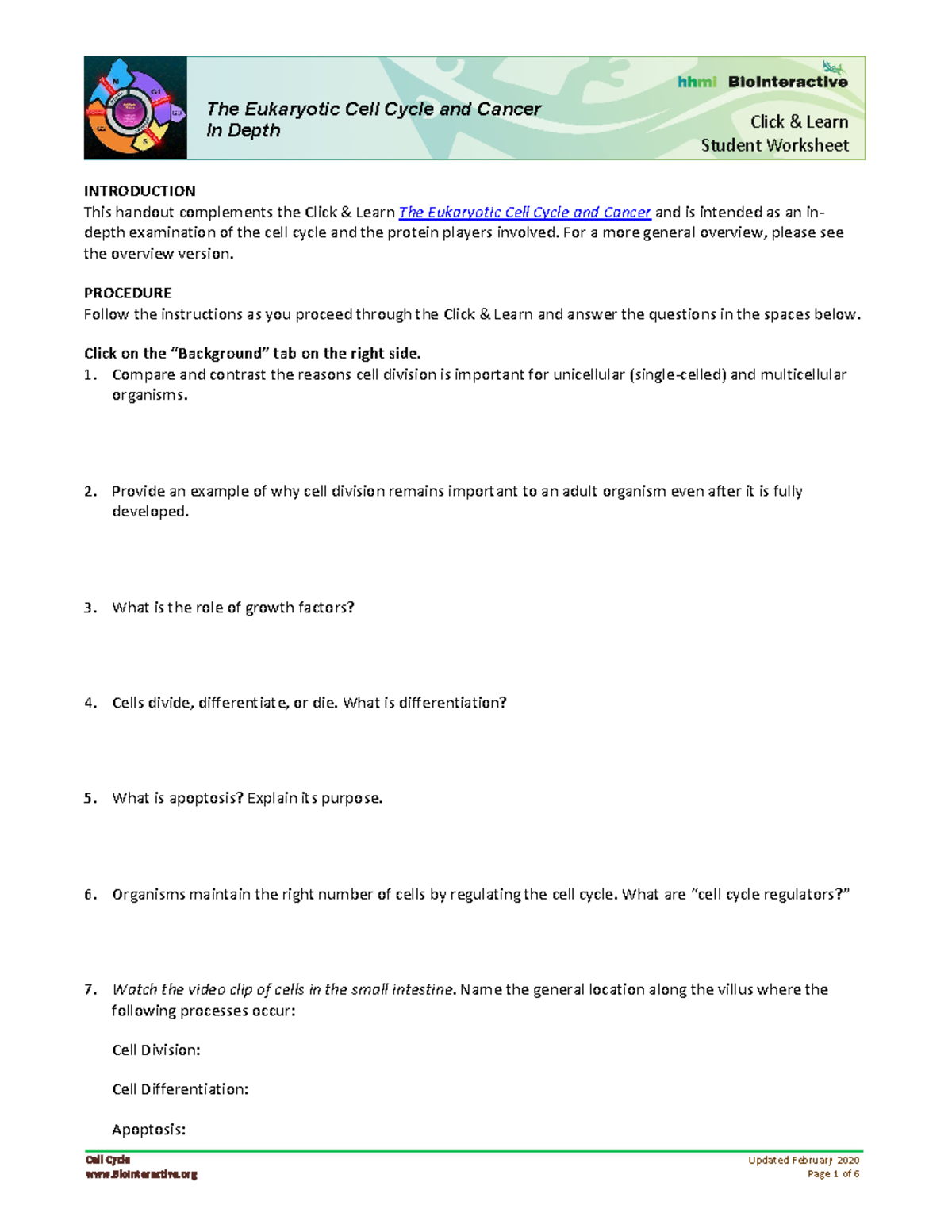 Cell Cycle & Cancer In Depth - Click & Learn Student Worksheet The ...