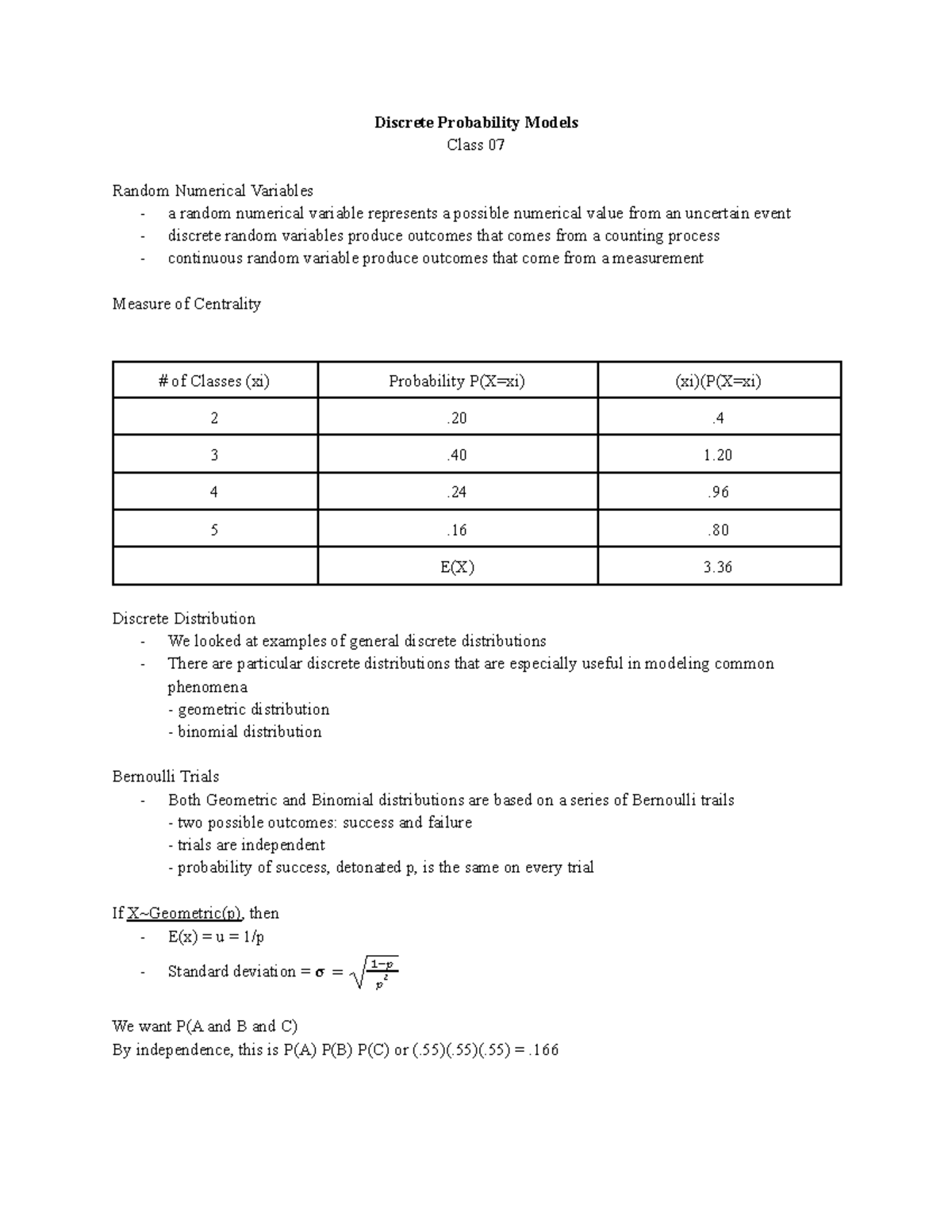 (07) Discrete Probability - Discrete Probability Models Class 07 Random ...