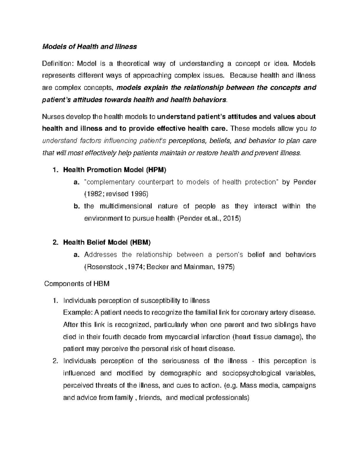 Models of Health and Illness Lecture Notes - Bachelor of Science in ...