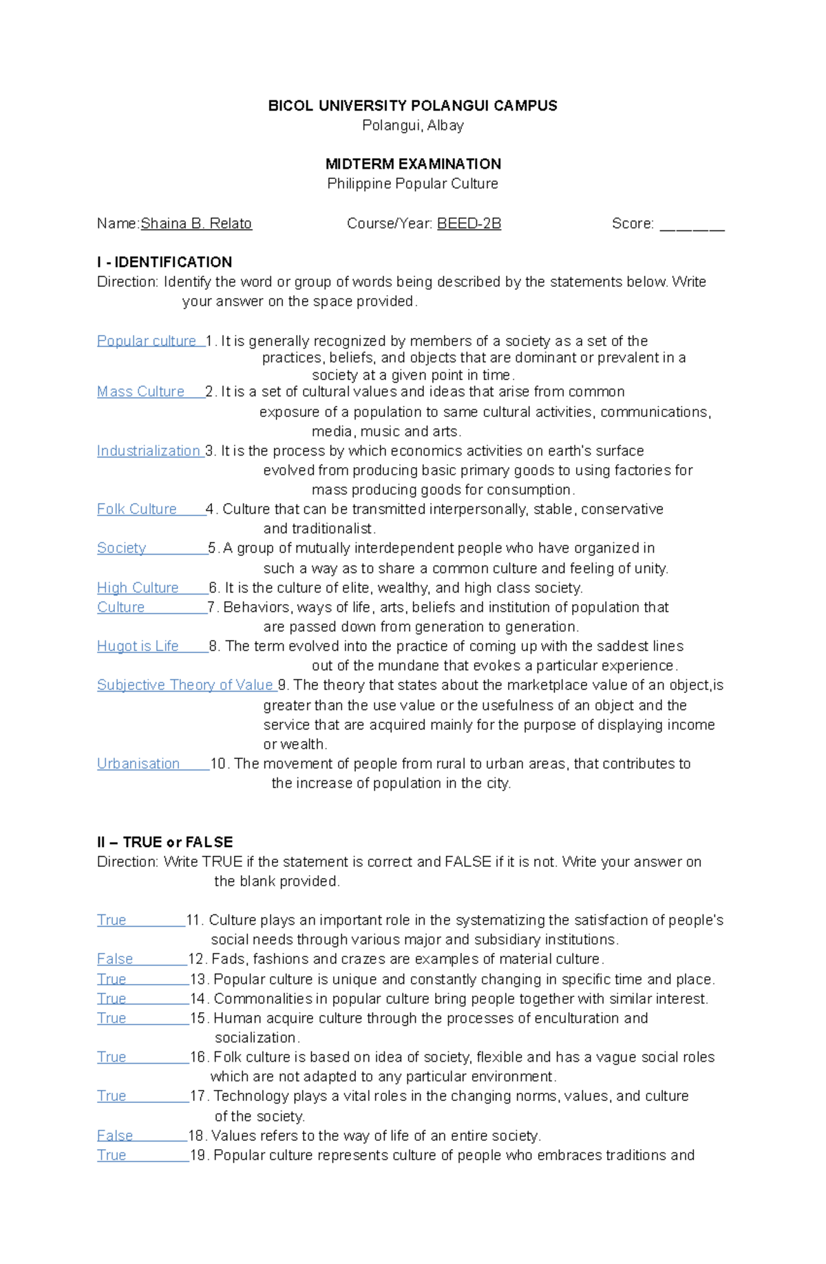 Midterm-EXAM-PHIL - Philippine Popular Culture - BICOL UNIVERSITY ...