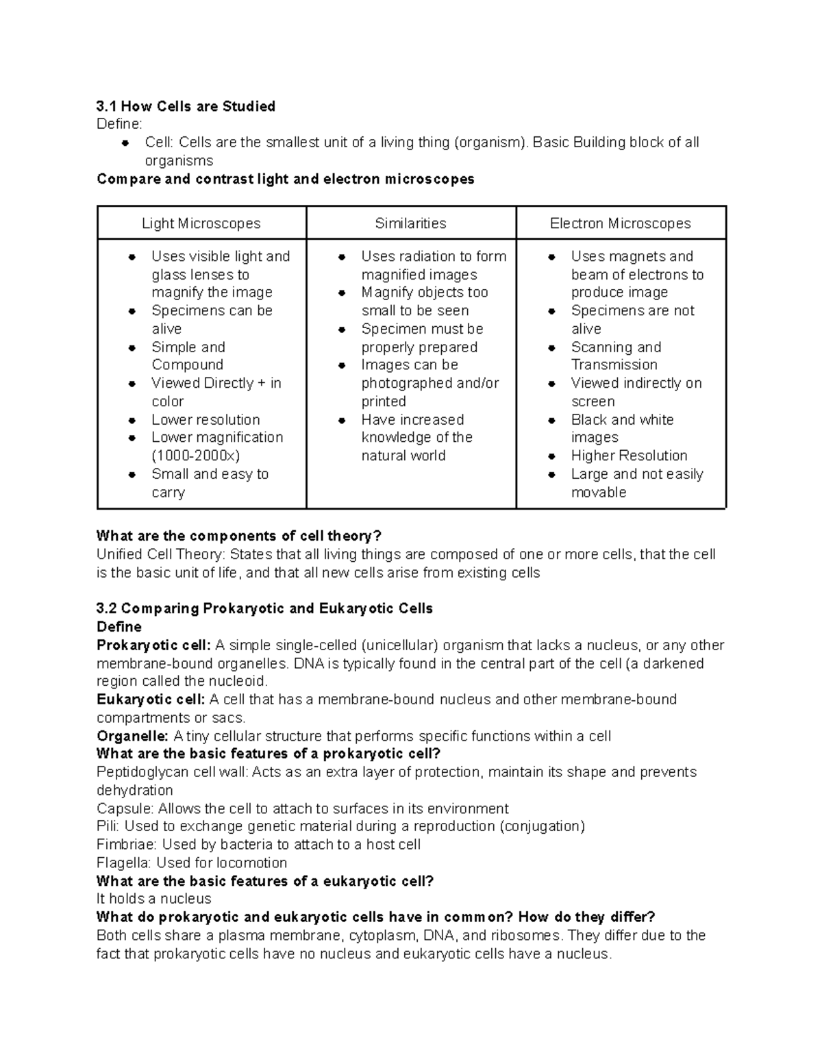 Biology 101 Chapter 3 Notes - 3 How Cells are Studied Define: Cell ...