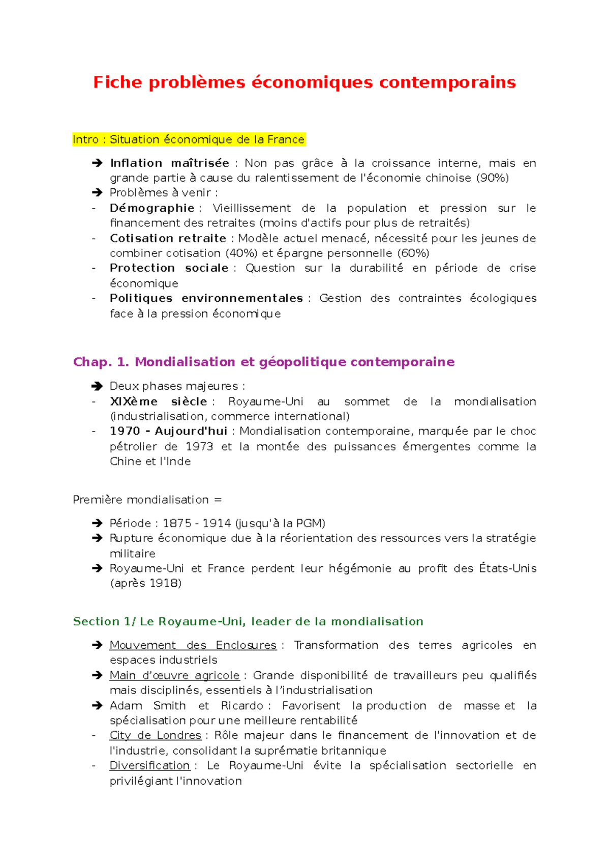 Fiche PEC - résumé intro - Fiche problèmes économiques contemporains Intro : Situation ...