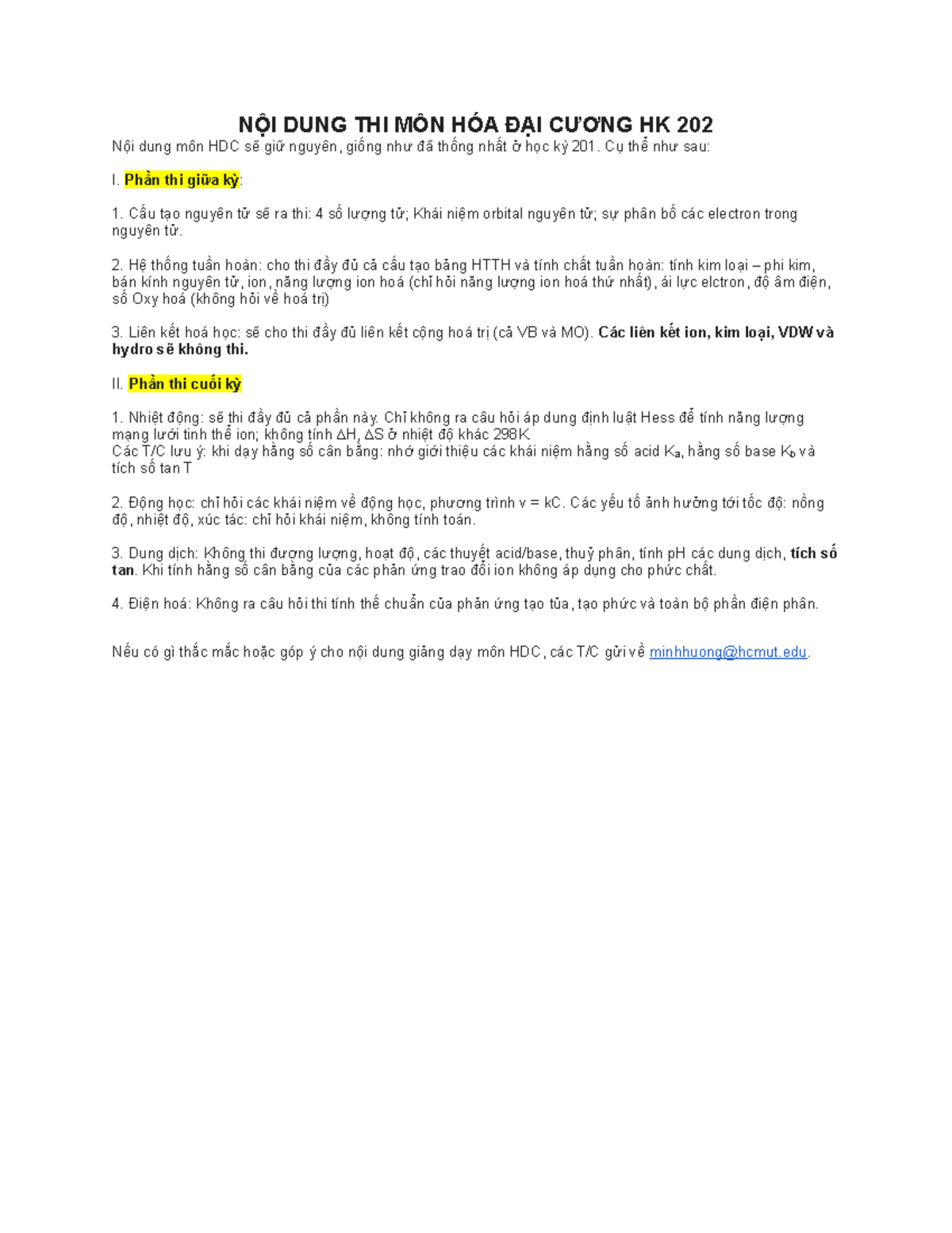 Nội dung thi môn HDC 202 - rrrrr - NỘI DUNG THI MÔN HÓA ĐẠI CƯƠNG HK 202 Nội dung môn HDC sẽ giữ ...