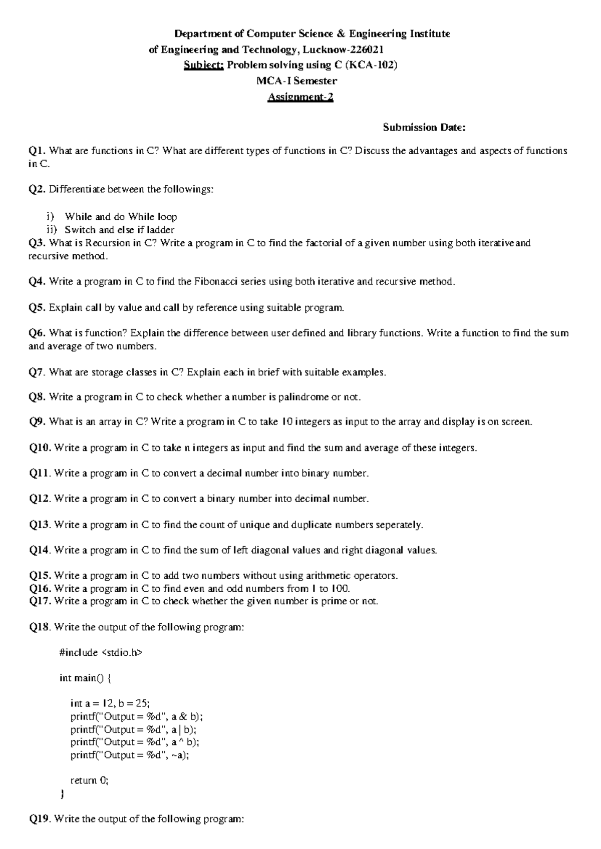C language assignmENT - Department of Computer Science & Engineering Institute of Engineering ...