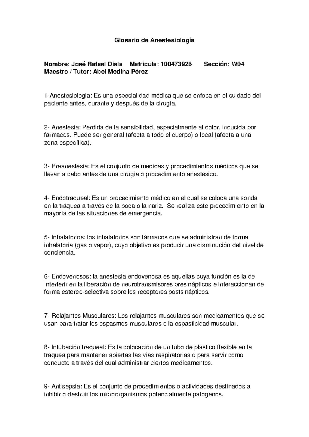 Glosario de Anestesiología - Glosario de Anestesiología Nombre: José ...