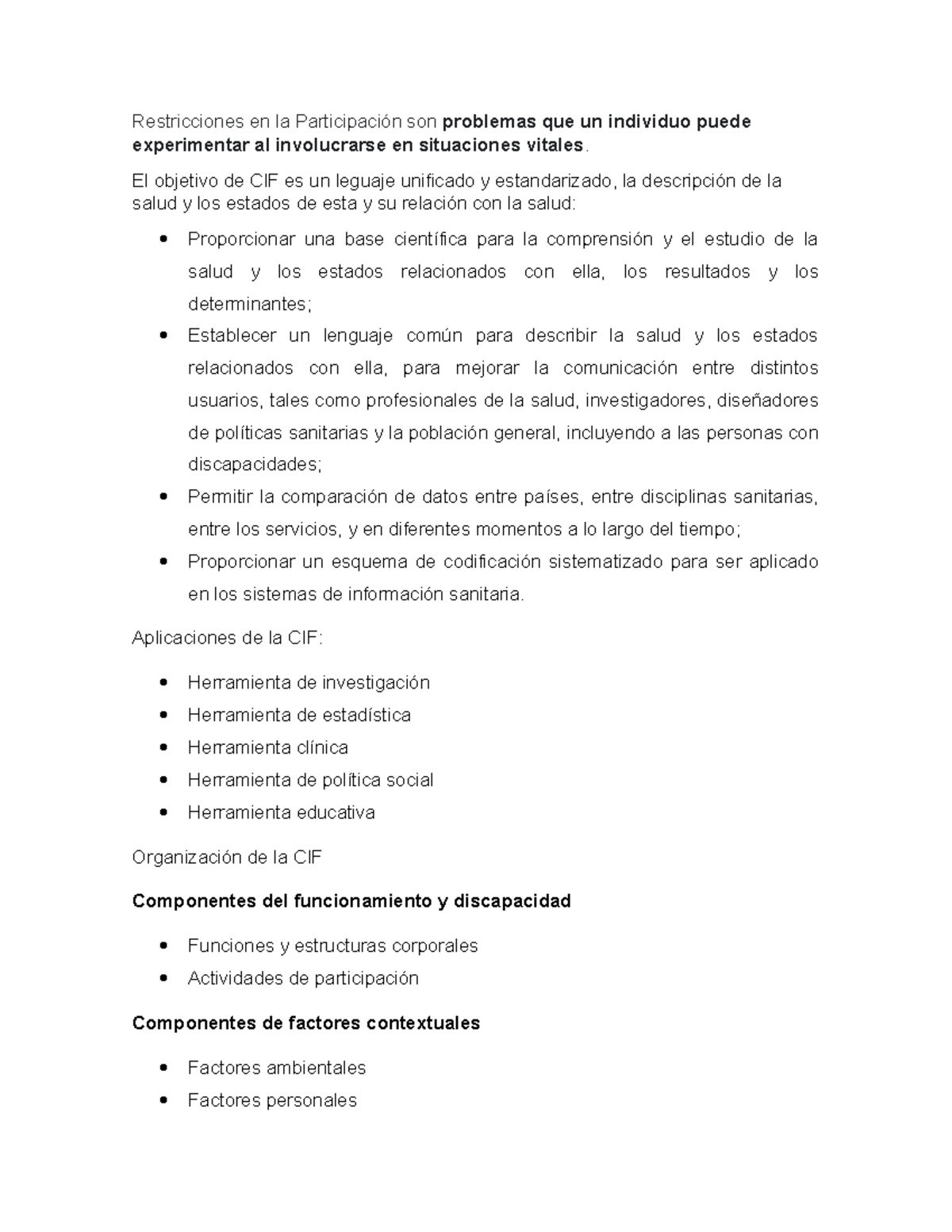 Cif Resumen - ... - Restricciones en la Participación son problemas que un individuo puede - Studocu