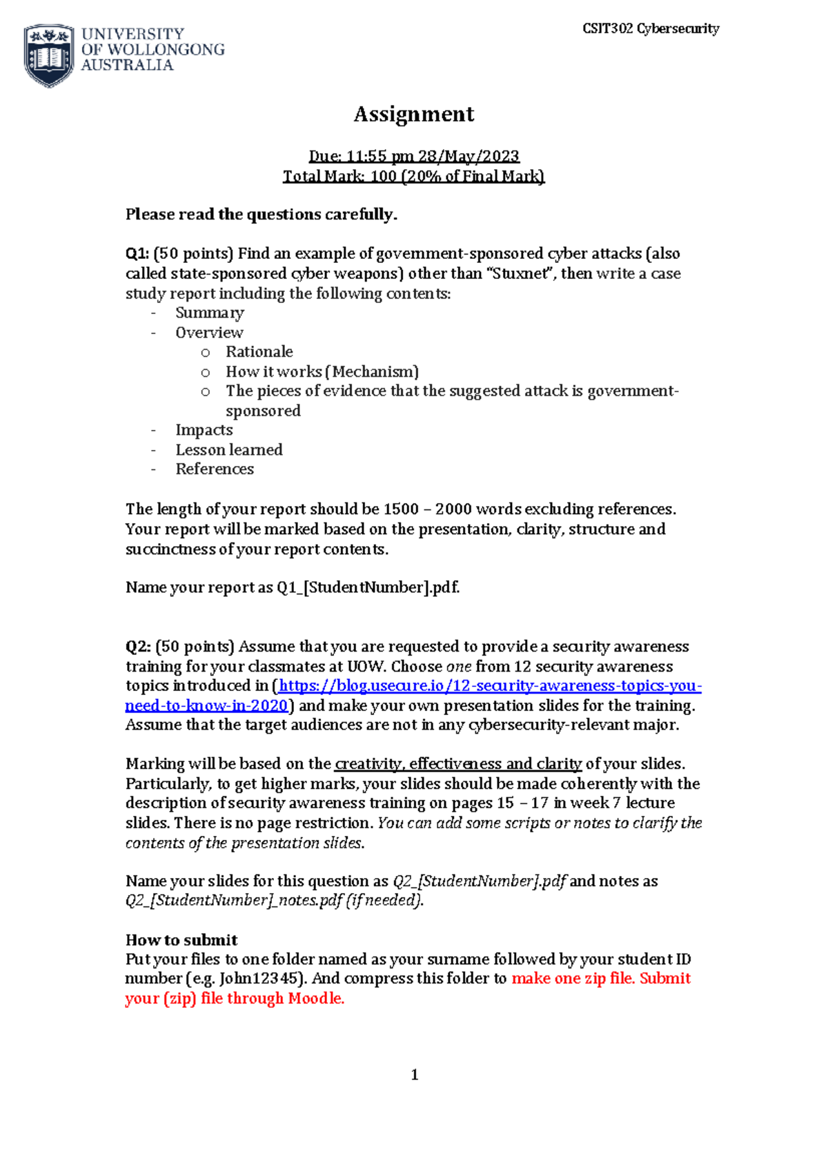 Assignment CSIT302 Autumn 2023 - 1 CSIT302 Cybersecurity Assignment Due ...