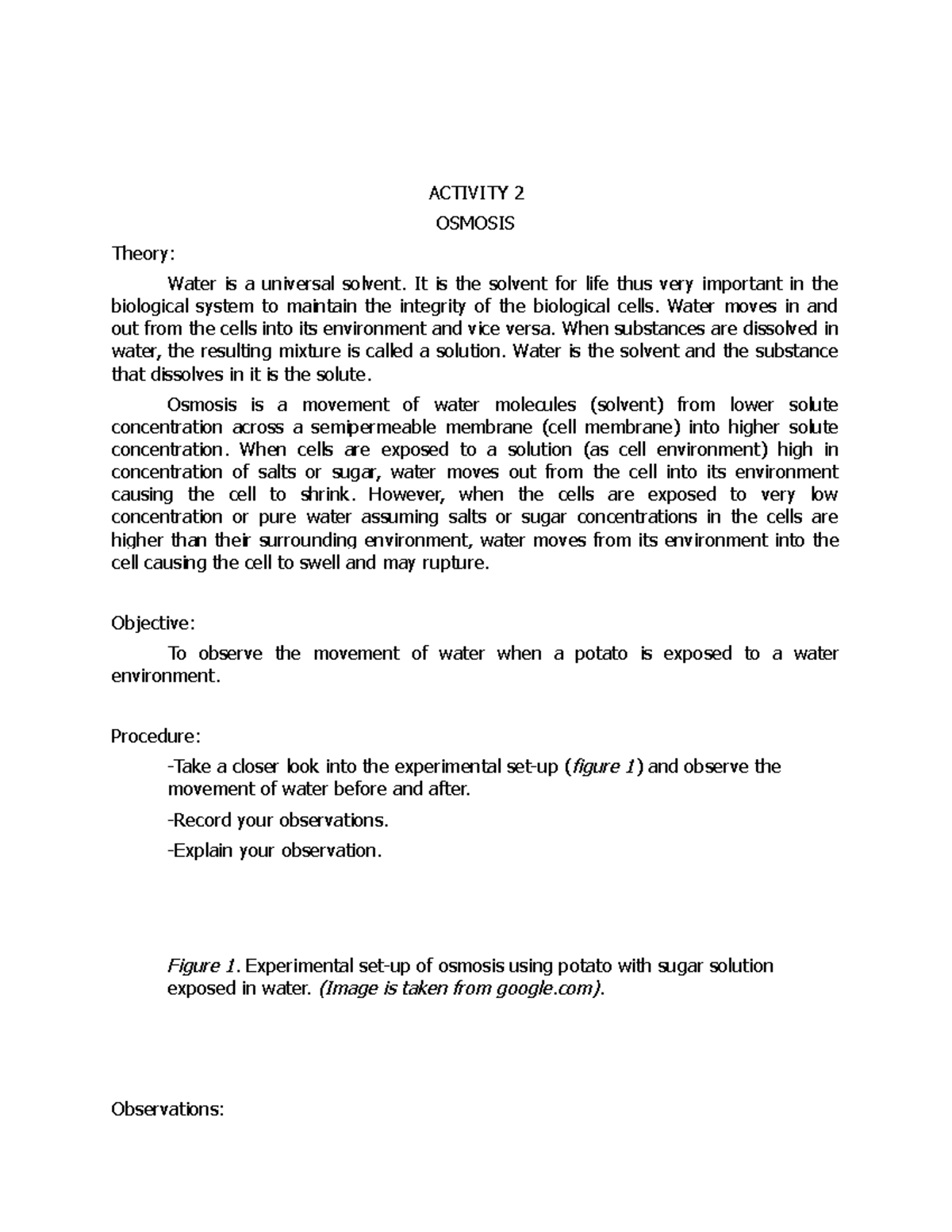 Activity 2 of biological chemistry (Osmosis) - ACTIVITY 2 OSMOSIS ...