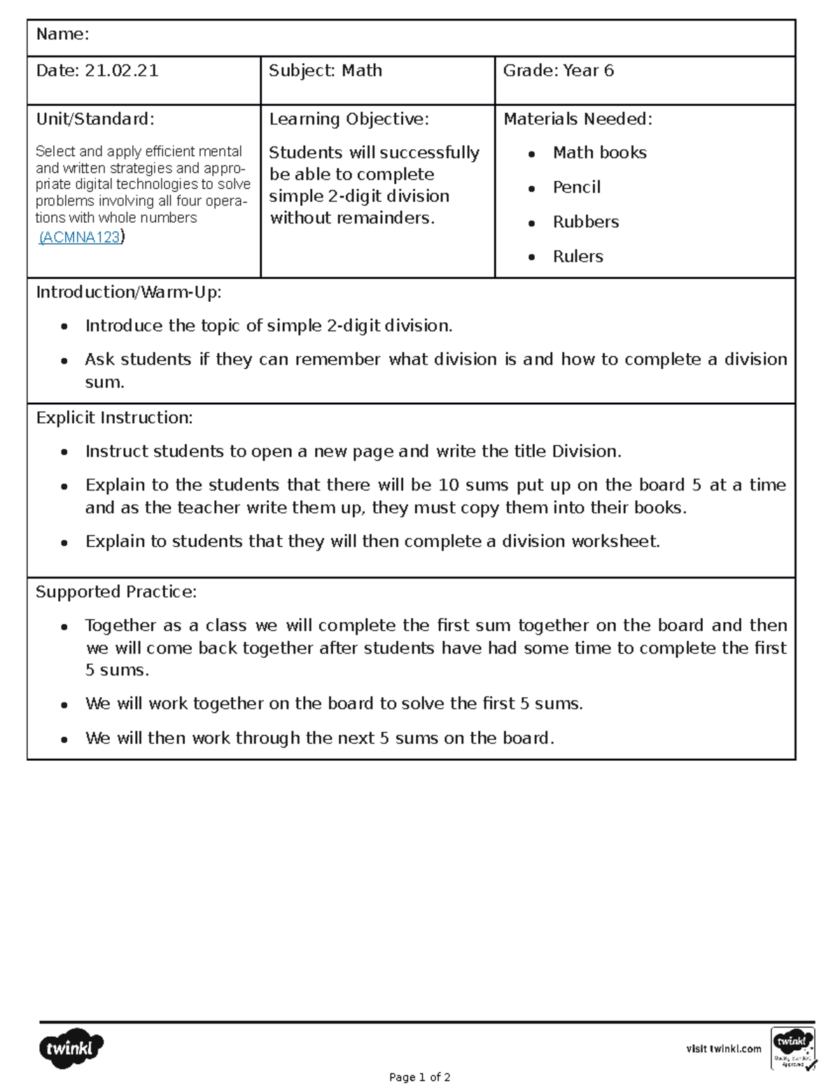 Maths 21 - Lesson Plans - Name: Date: 21.02 Subject: Math Grade: Year 6 ...