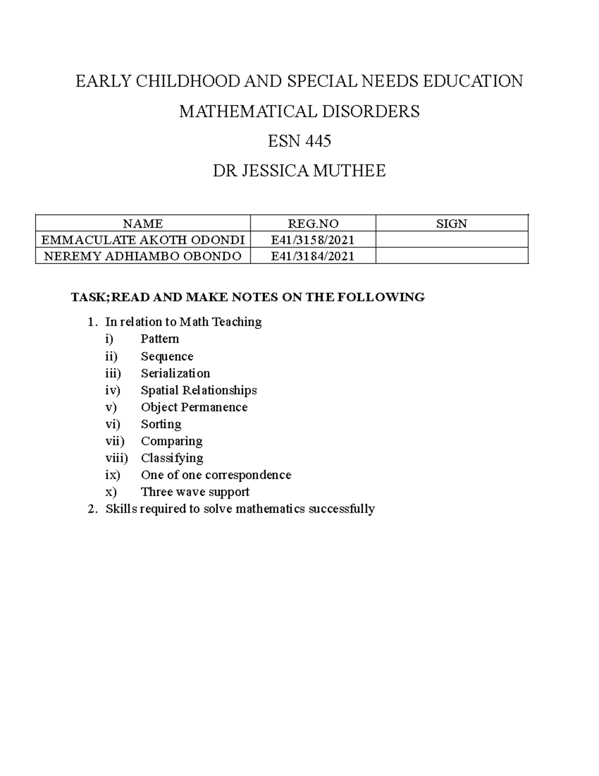 ESN 445-1 - Notes on Mathematical Disorders - EARLY CHILDHOOD AND ...