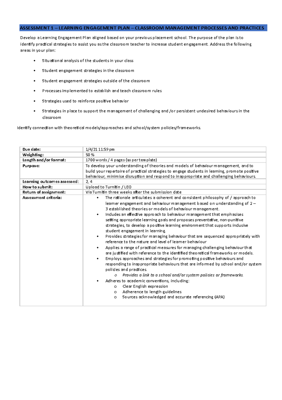 A1 Template Word File - ASSESSMENT 1 – LEARNING ENGAGEMENT PLAN ...