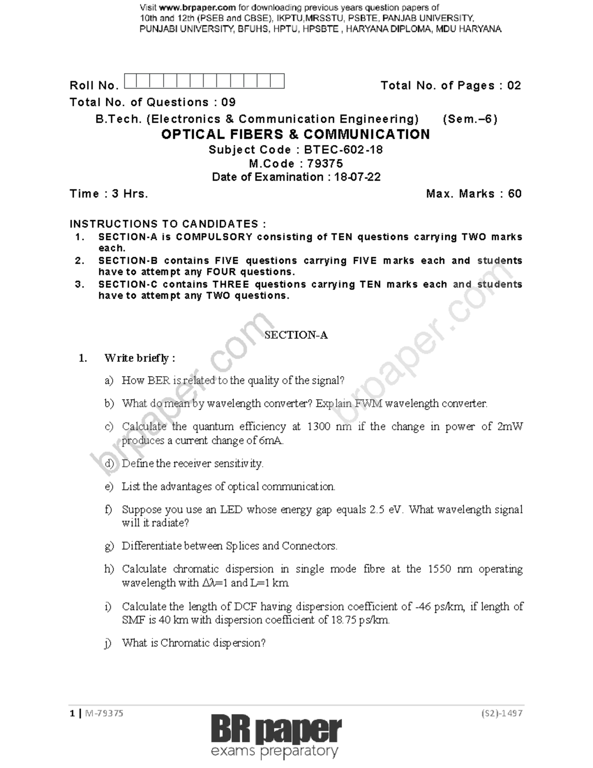 OFC(6th)May2022 - PTU question paper - 1 | M- 79375 (S2)- 1497 Roll No ...